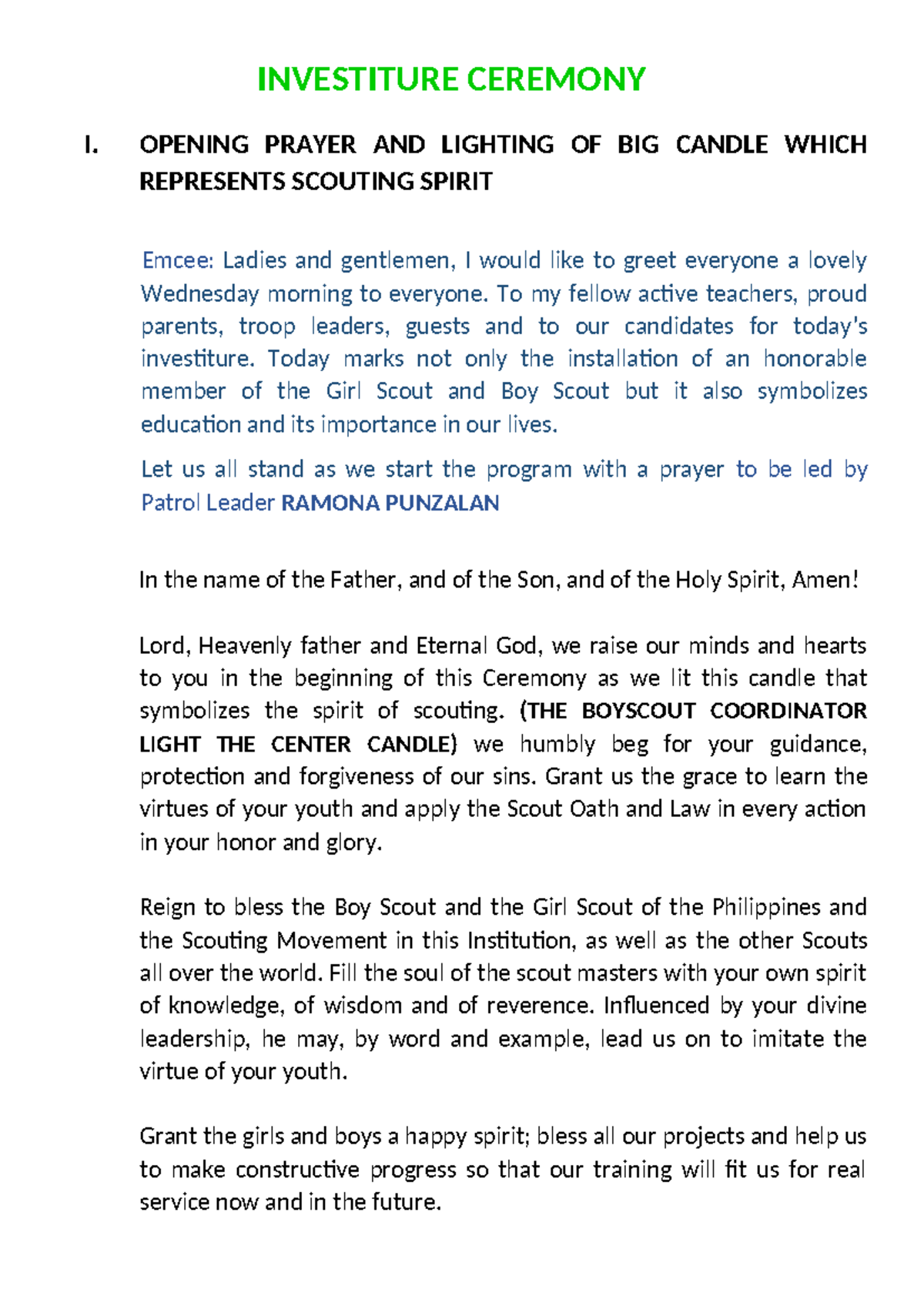 BSP and GSP 2025 - Emcee Script for Investiture Ceremony - Studocu