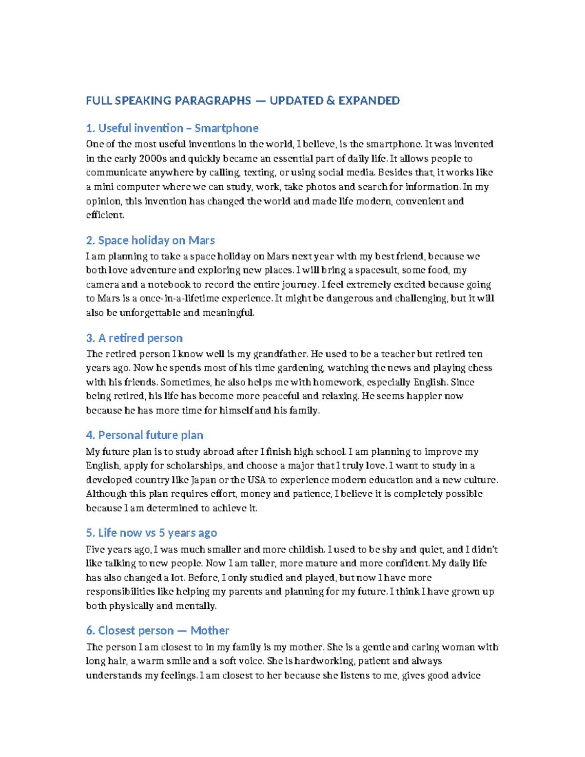 Updated Full Speaking Paragraphs for English 101 - Studocu