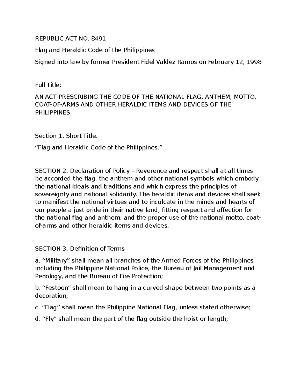 CFLM. 2 - Reviewer on Republic Act No. 8491: Flag and Heraldic Code ...