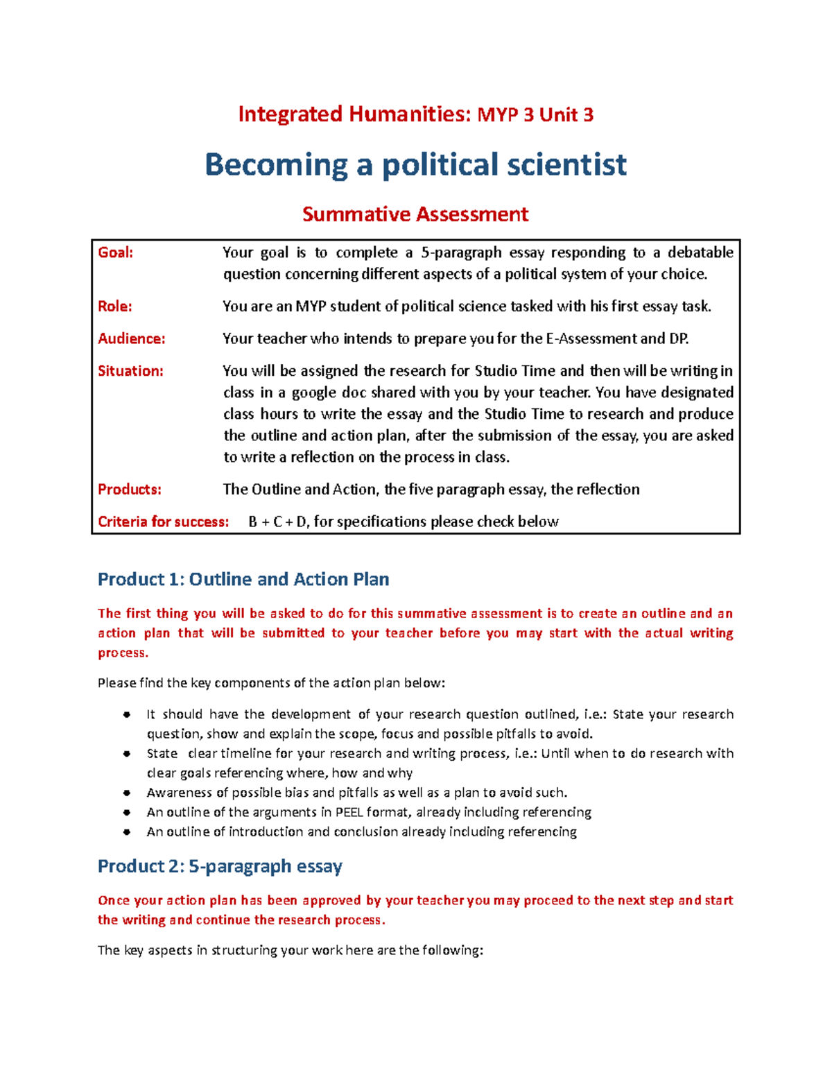 MYP 3 Unit 3: Political Science Essay Summative Assessment Guide - Studocu