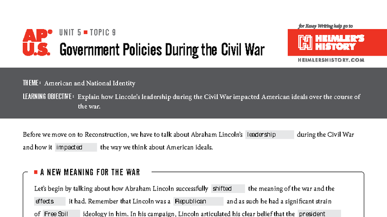 APUSH Unit 5 Topic 9: Civil War Leadership & American Ideals - Studocu