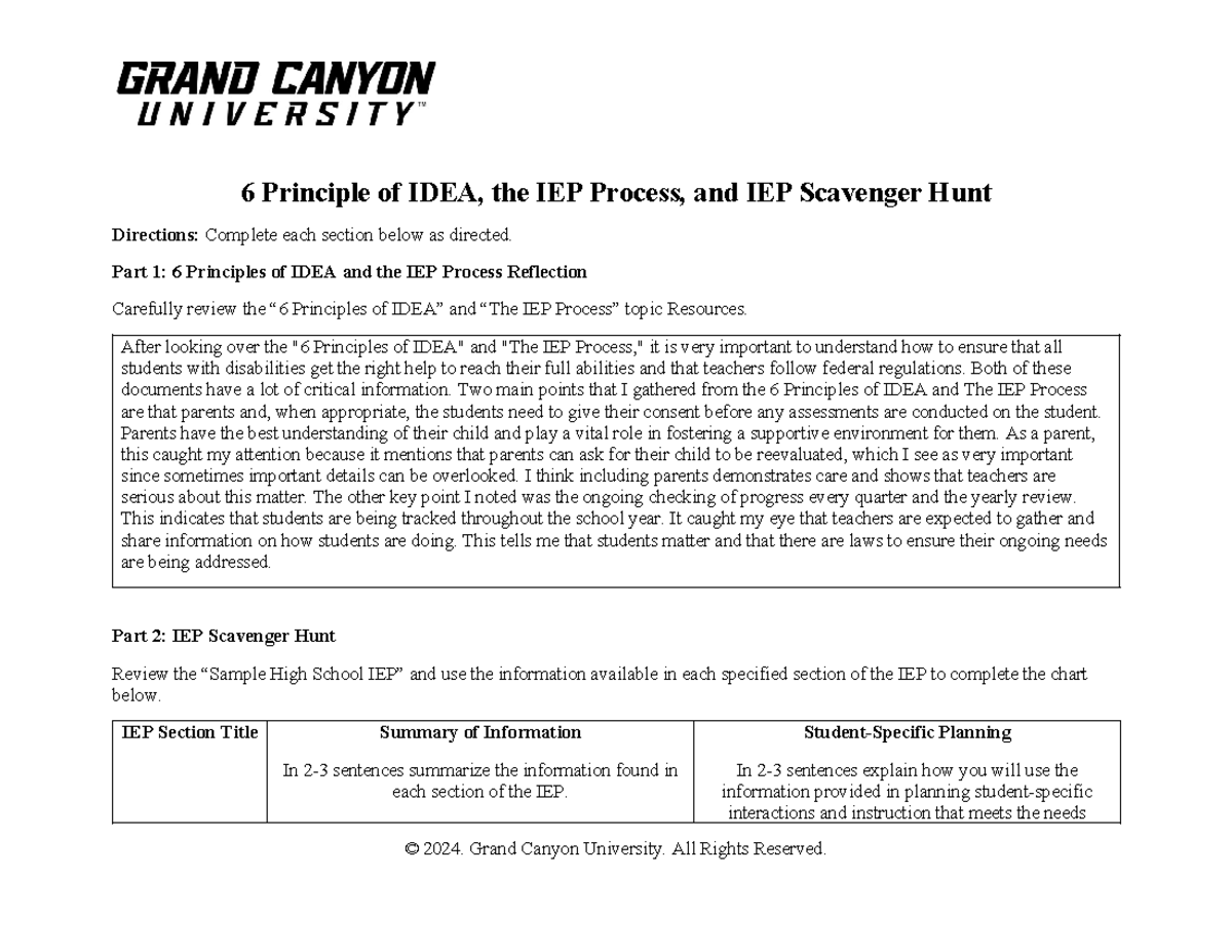 6 Principles of IDEA & IEP Process: Scavenger Hunt Guide - Studocu