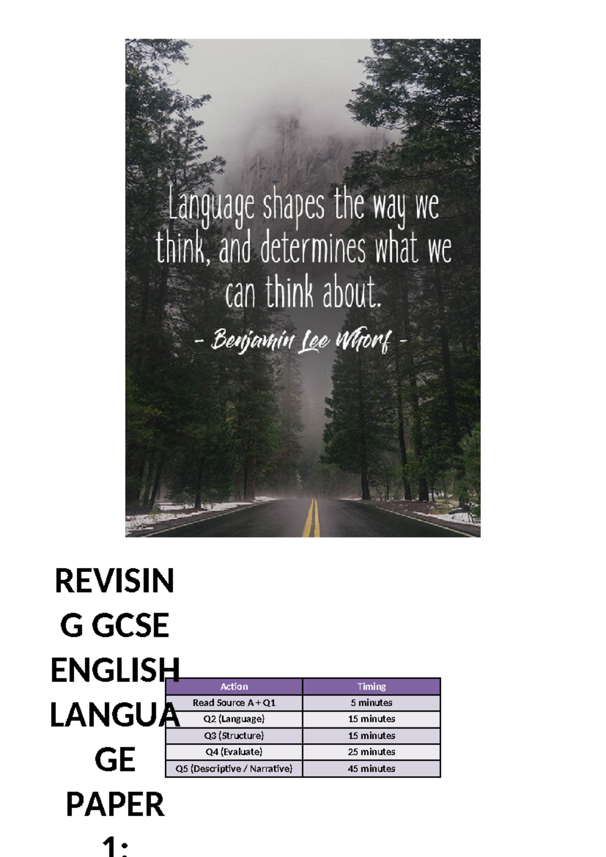 english paper revision - Action Timing Read Source A + Q1 5 minutes Q2 ...