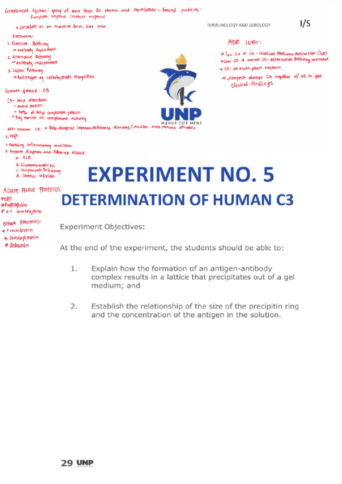 UNP IMMUNOLOGY AND SEROLOGY EXPERIMENT NO. 5: HUMAN C3 DETERMINATION ...