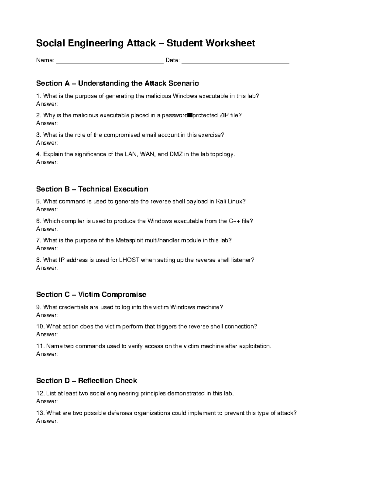 Social Engineering Lab Worksheet - Understanding Attacks and Defenses ...