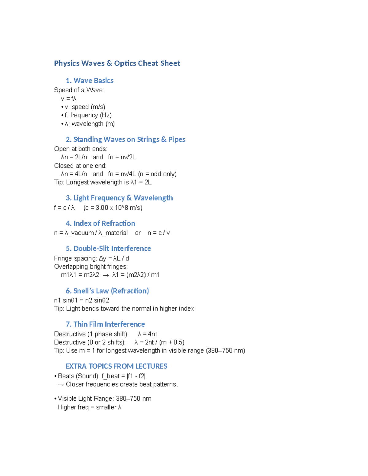 Physics Cheat Sheet Waves Optics - Physics Waves & Optics Cheat Sheet 📘 ...