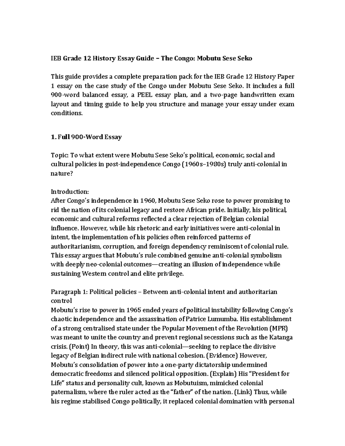 IEB Grade 12 History Essay Guide: The Congo under Mobutu Sese Seko ...