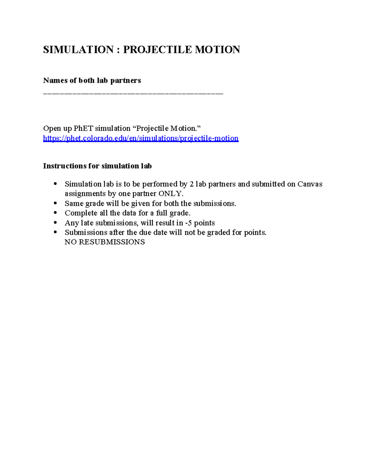 SIMULATION: PROJECTILE MOTION Lab Instructions for Partners - Studocu