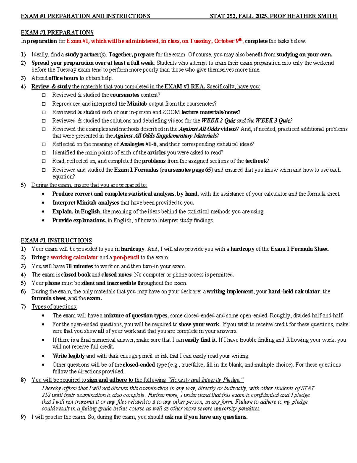STAT 252 Fall 2025 Exam #1 Prep & Instructions Guide - Studocu