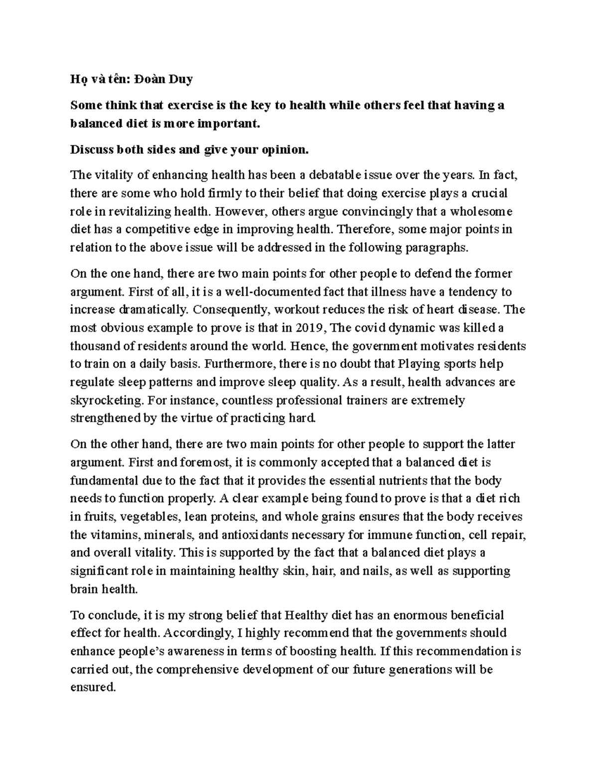 IELTS 18 Essay Notes: Exercise vs. Balanced Diet for Health - Studocu