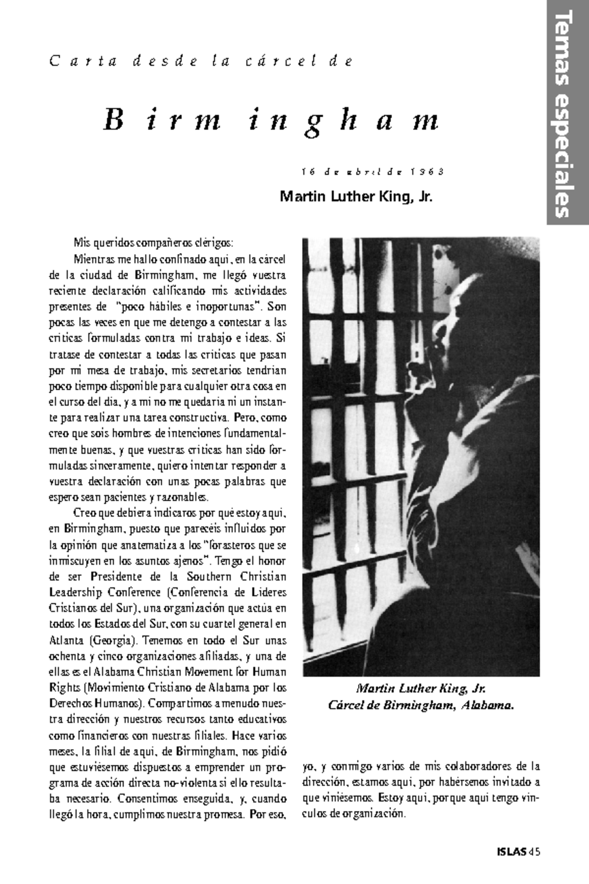 Carta de Martin Luther King, Jr. desde la cárcel de Birmingham (1963 ...