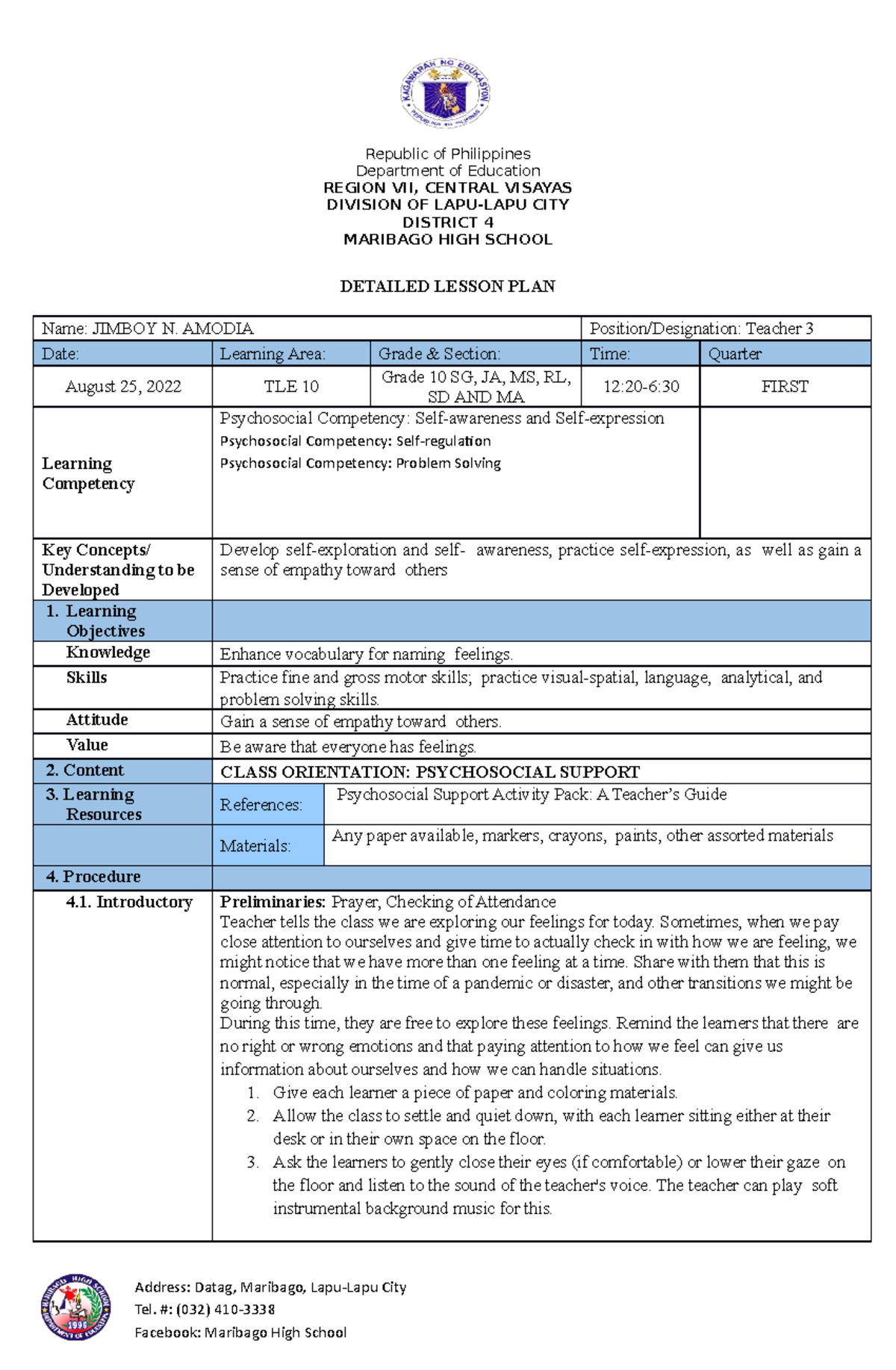 DLP-TLE10: Detailed Lesson Plan on Psychosocial Support for Grade 10 ...