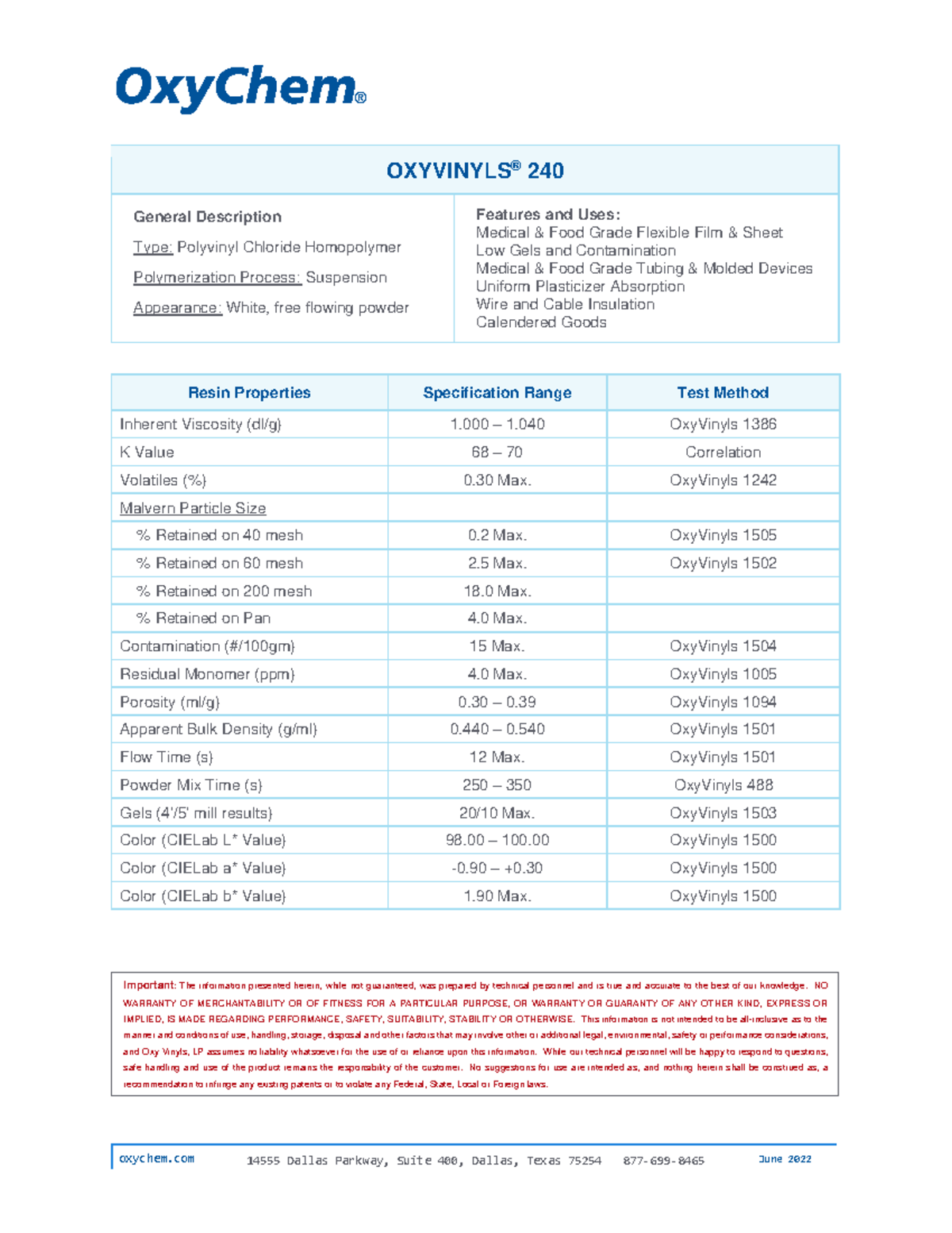 OV240 PVC Resin Data Sheet - Specifications & Applications - Studocu