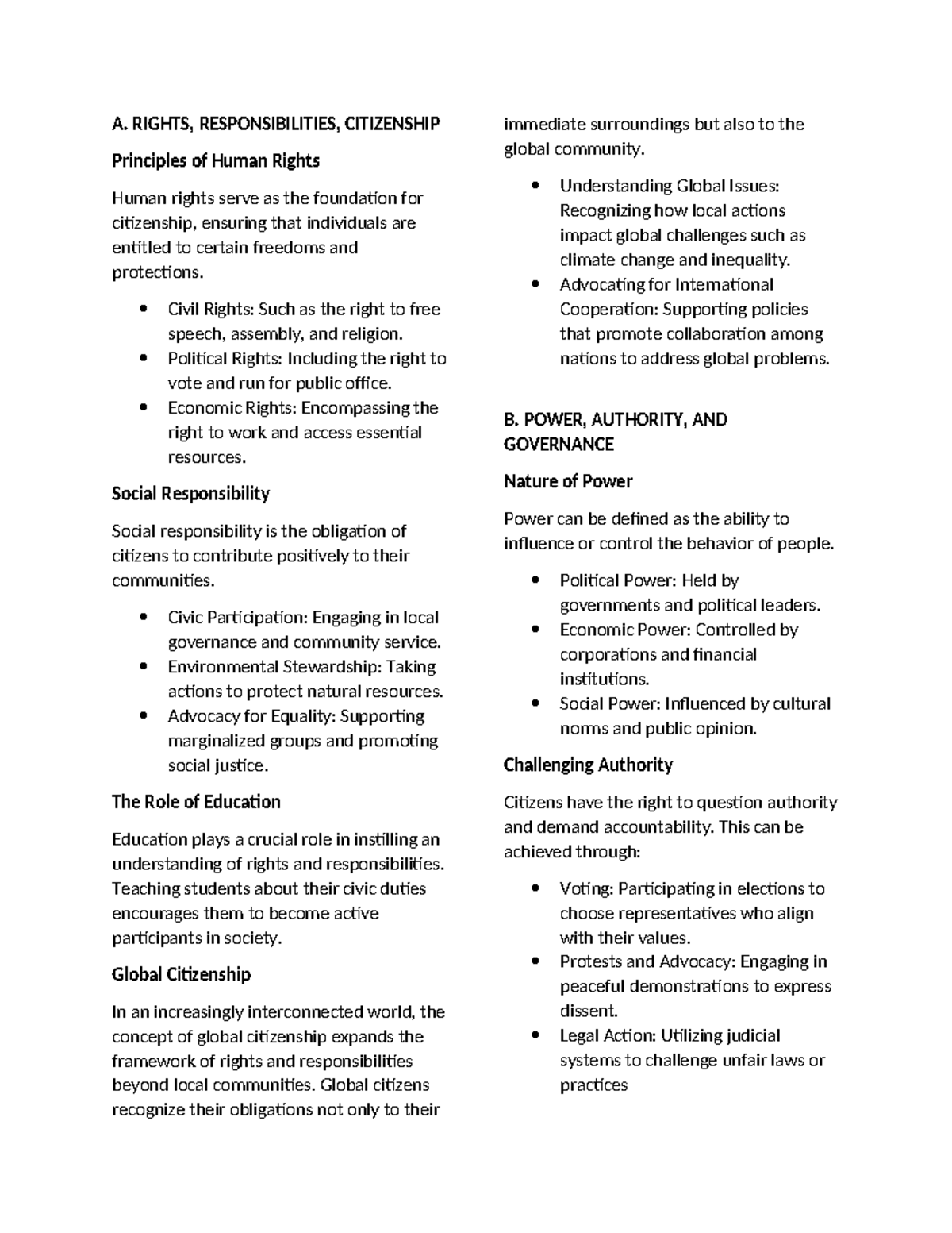 Pointers - A. RIGHTS, RESPONSIBILITIES, CITIZENSHIP Principles of Human ...