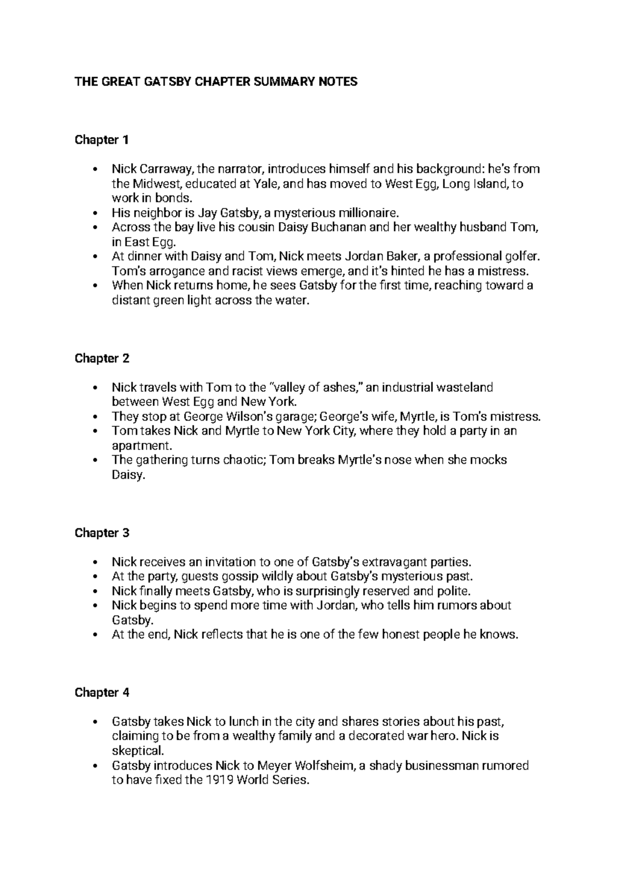 GG (The Great Gatsby) Chapter Summary Notes - Studocu