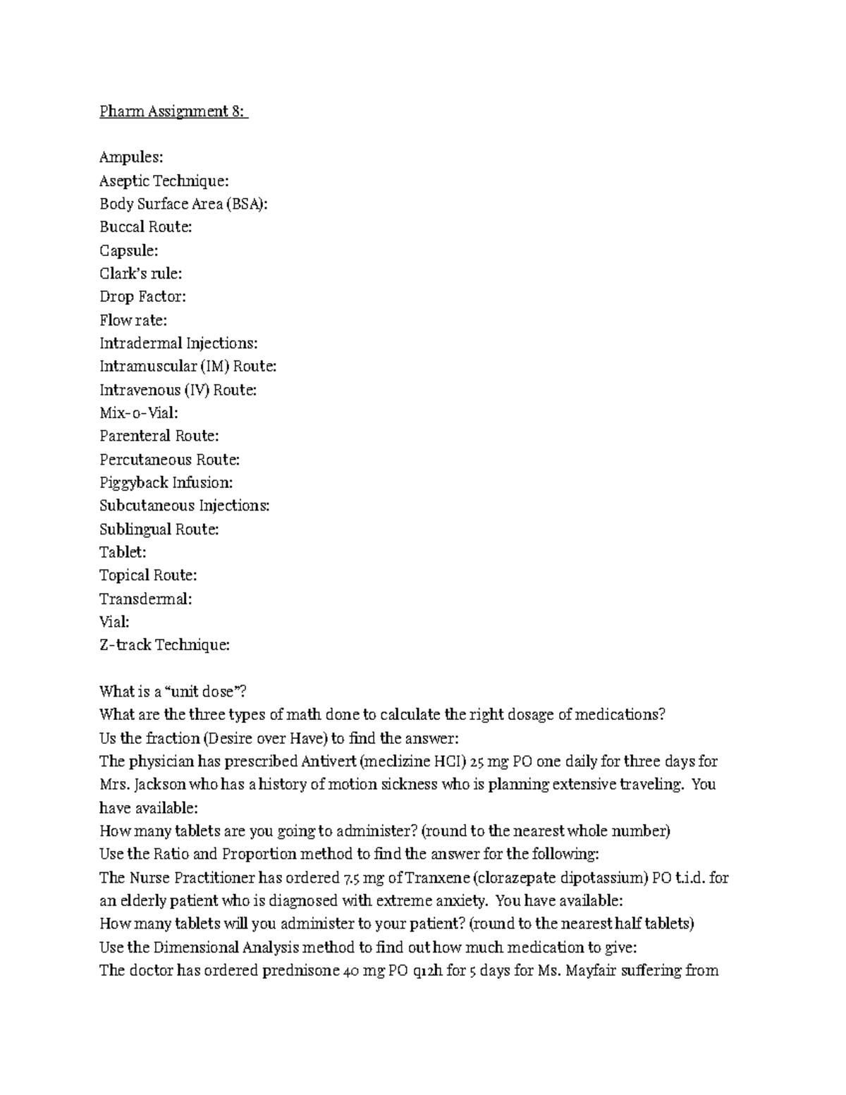 Phnarm 8 assignment - Concept Map, Questions, HW - Pharm Assignment 8 ...