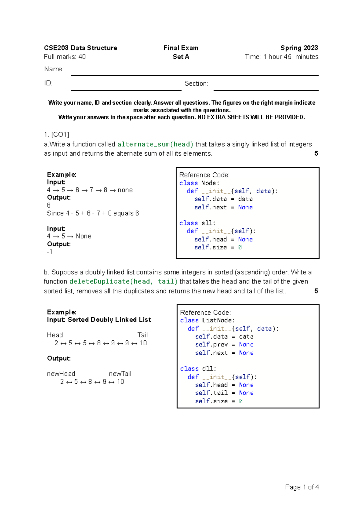 CSE203 Final Exam Set A Spring 2023 - Data Structures Questions - Studocu