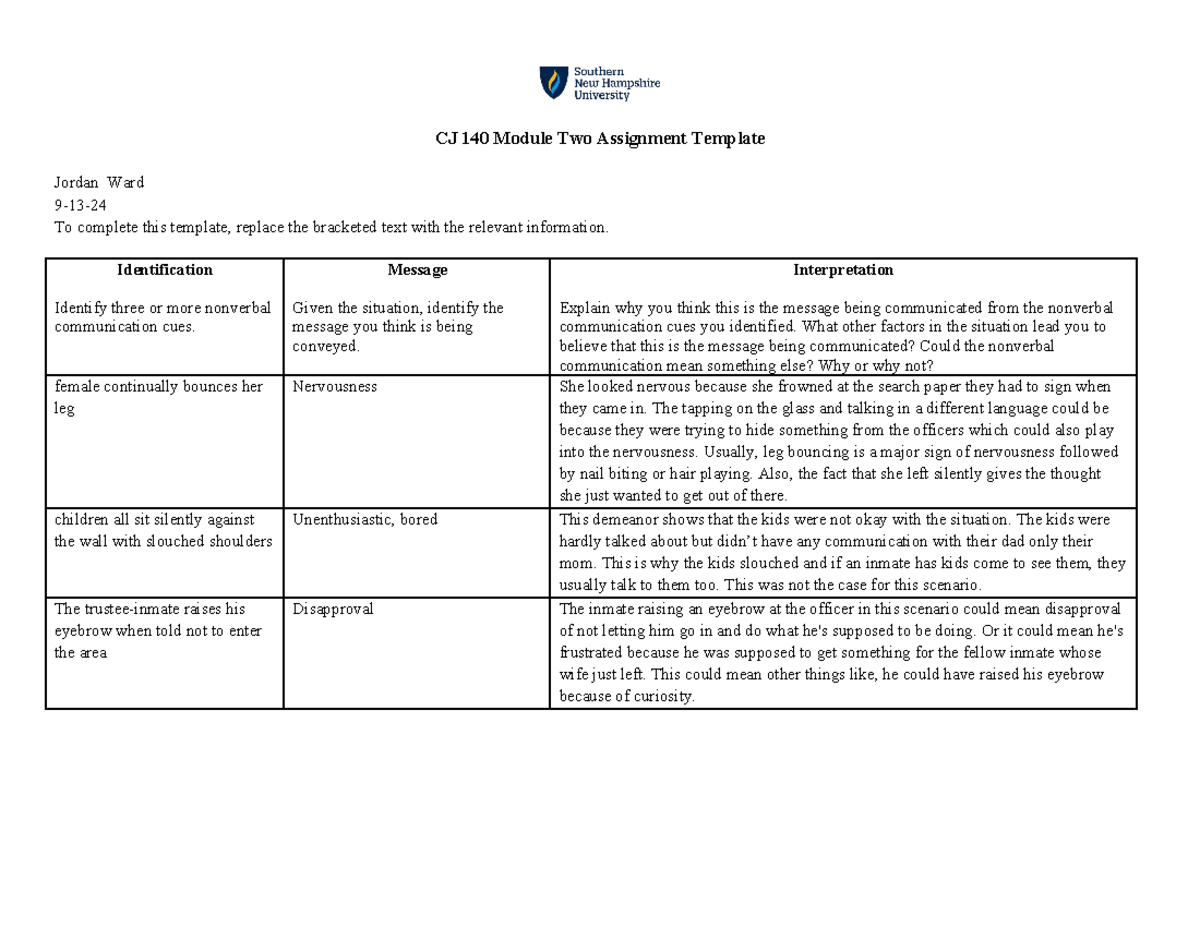 CJ 140 Module Two Nonverbal Communication Assignment Template - Studocu