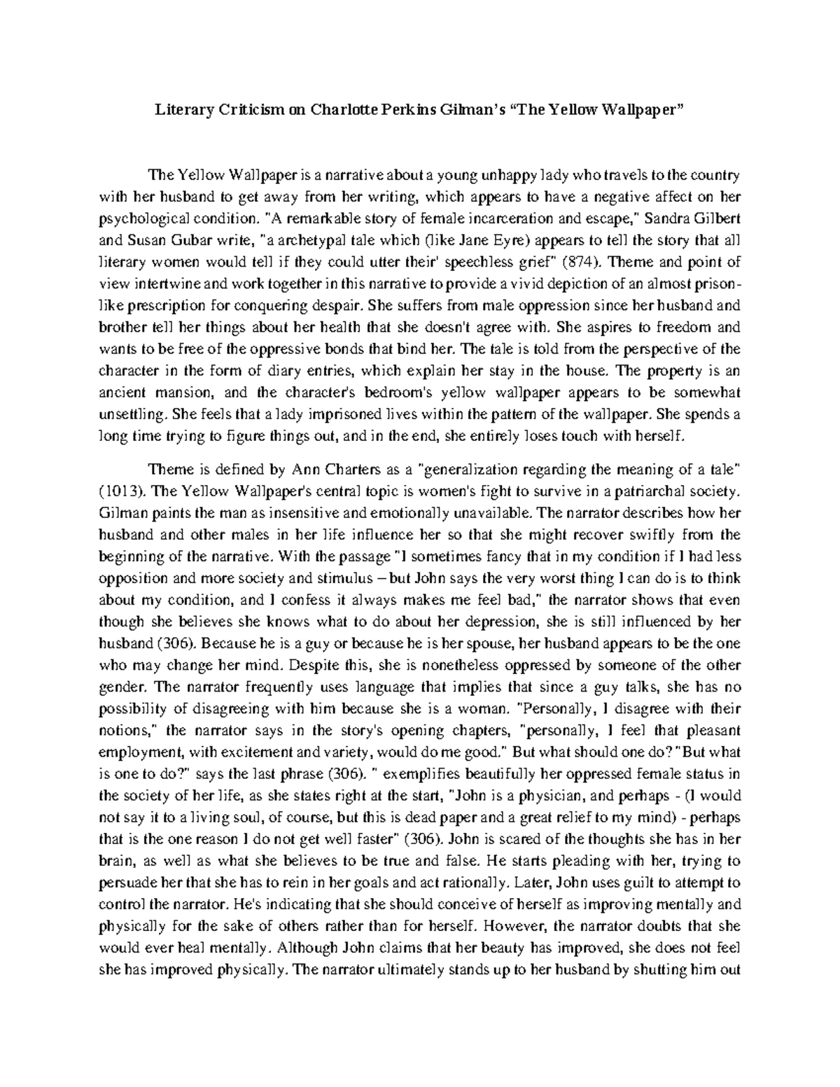Literary Criticism Essay: Gilman's "The Yellow Wallpaper" Exploration ...