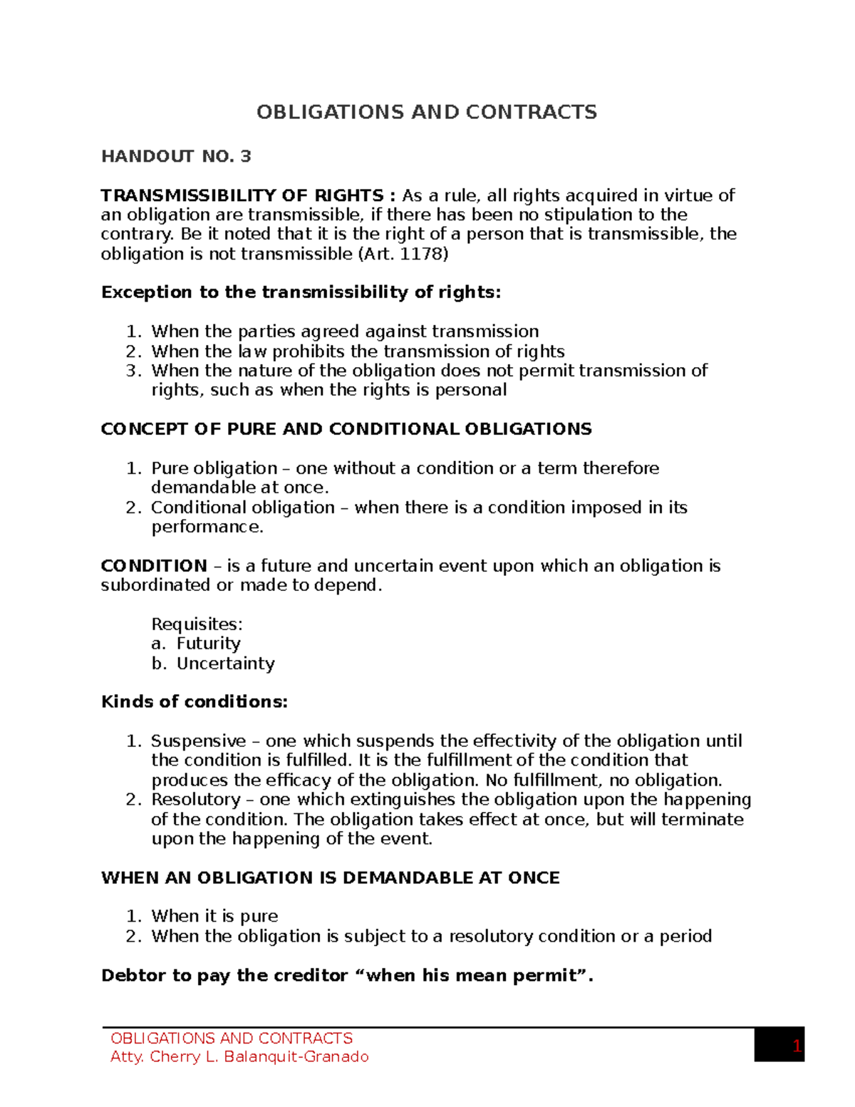Law on Obligations and Contracts Handout No 3 1 - OBLIGATIONS AND ...