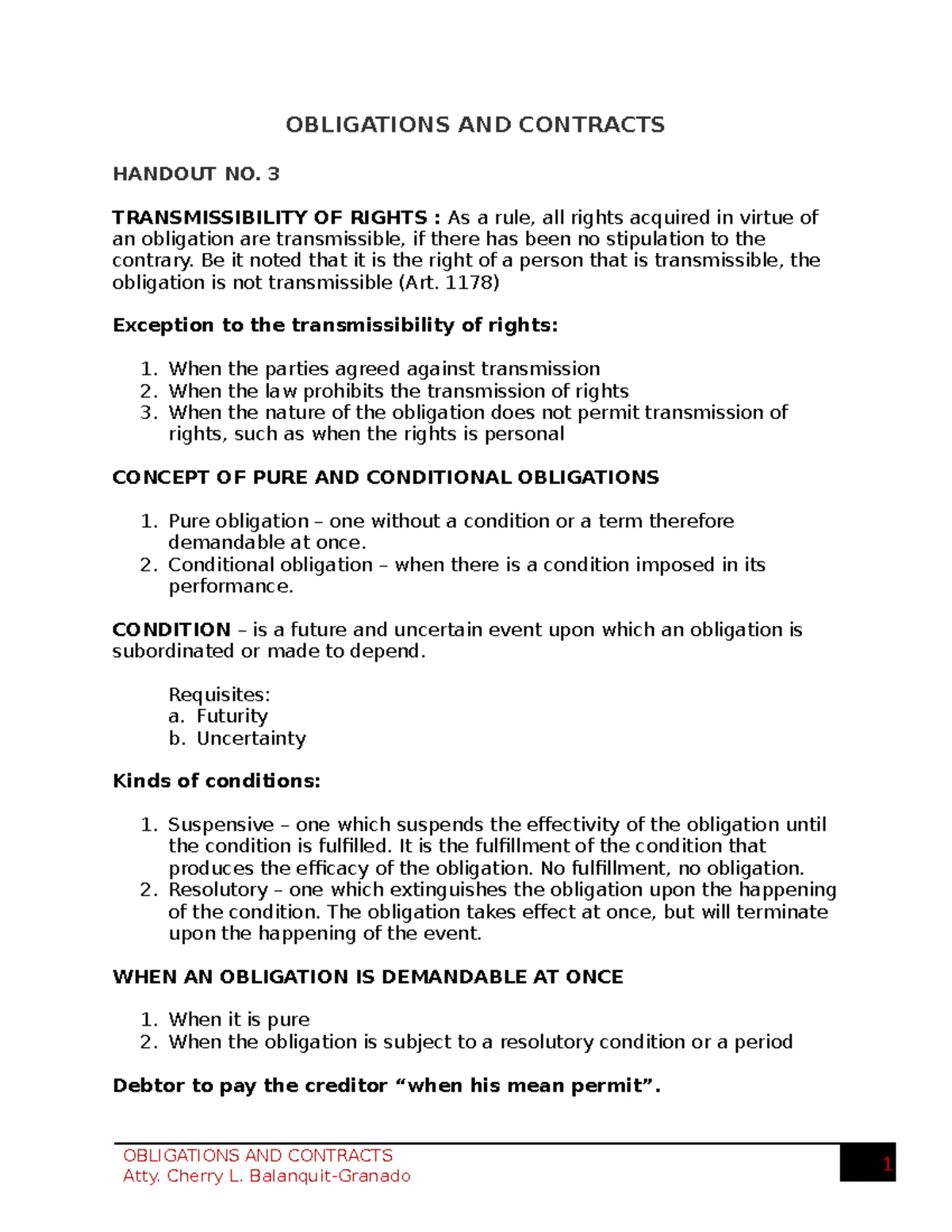 Obligations and Contracts Summary on Different Kinds of Obligation - OBLIGATIONS AND CONTRACTS ...