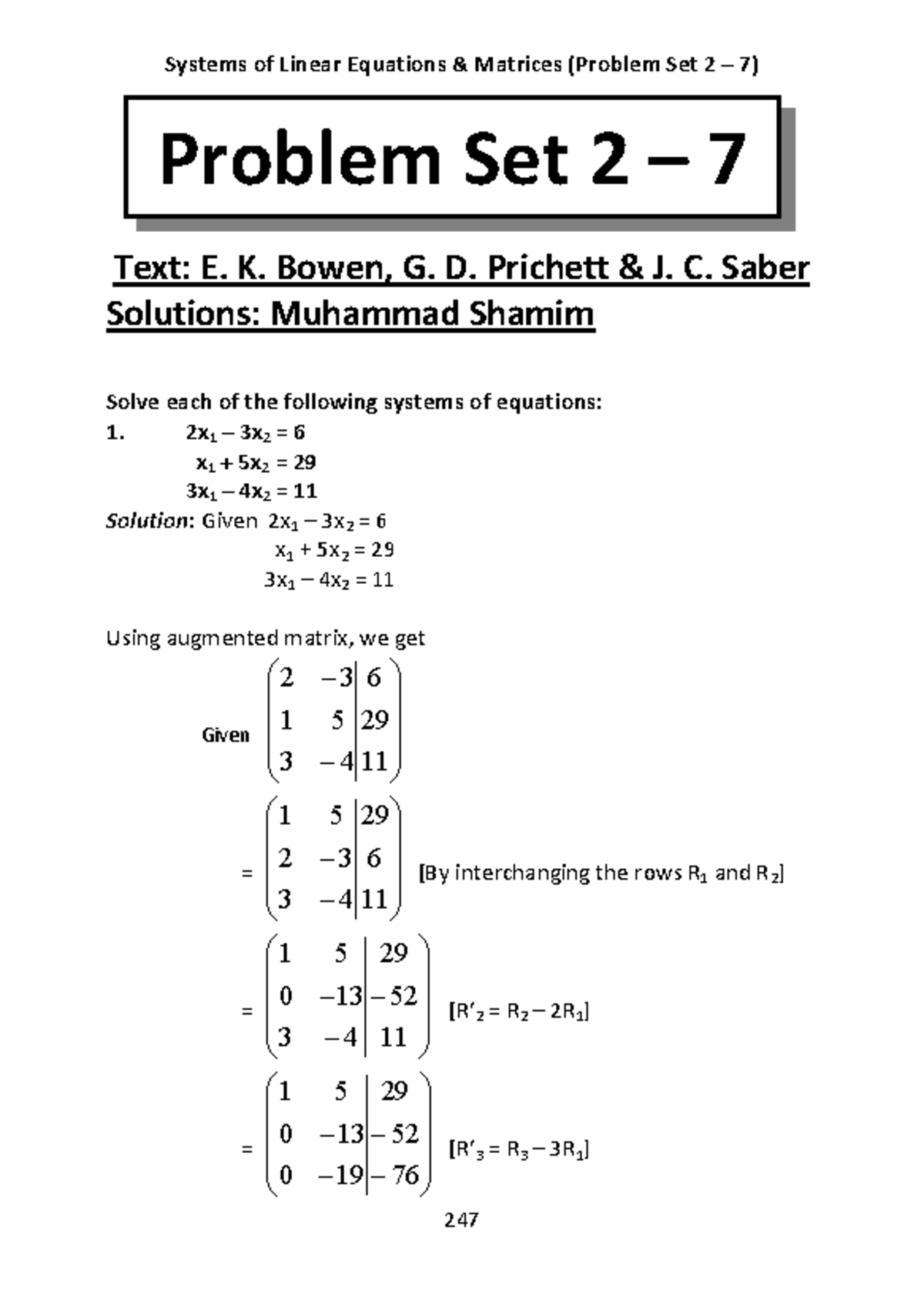 Systems of Linear Equations & Matrices Problem Set 2 - 7 Solutions ...