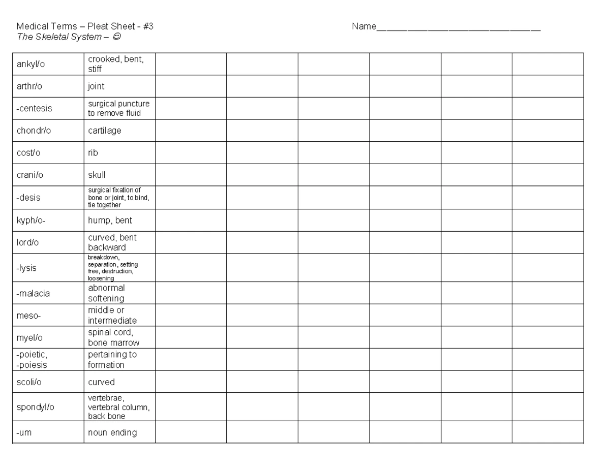 Pleat sheet #5 - Medical Terms – Pleat Sheet - #5 Name ...