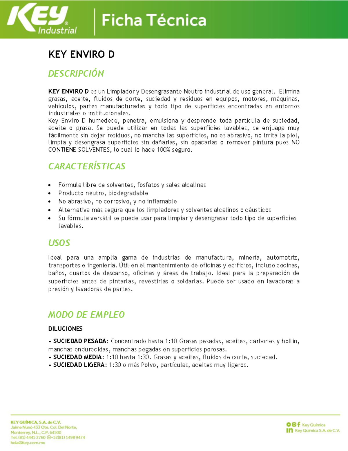 2501 Key Enviro D: Limpiador Neutro Industrial y Usos Efectivos - Studocu
