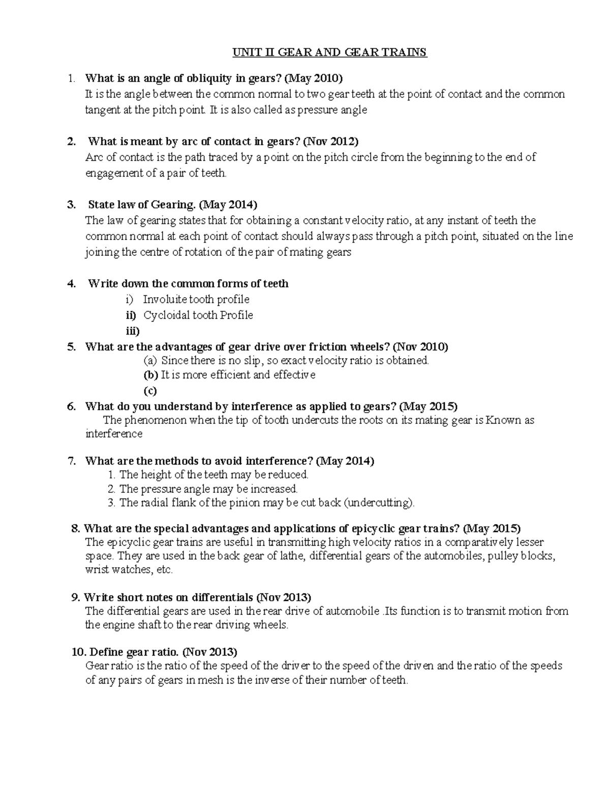 UNIT II: Gears, Gear Trains & Friction in Machine Elements (Tom 2 Marks ...