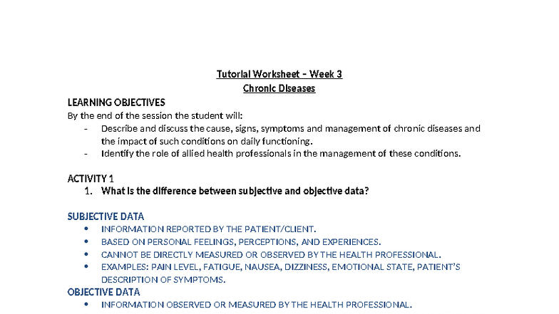 Week 3 Tutorial Worksheet: Chronic Diseases & Management Strategies ...