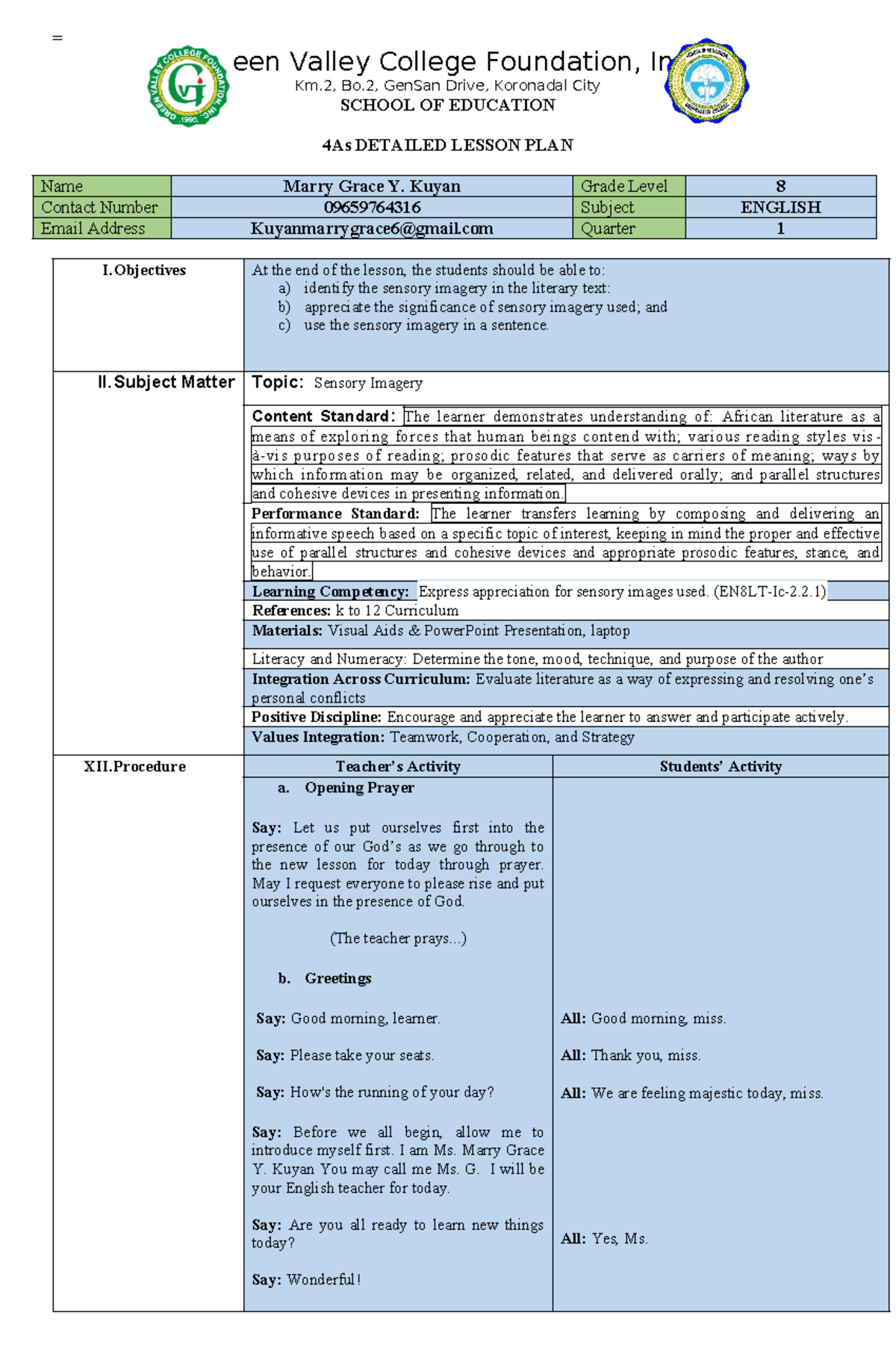 Kuyan Lp-Senilong - my lesson plan during demonstration. - = Green ...