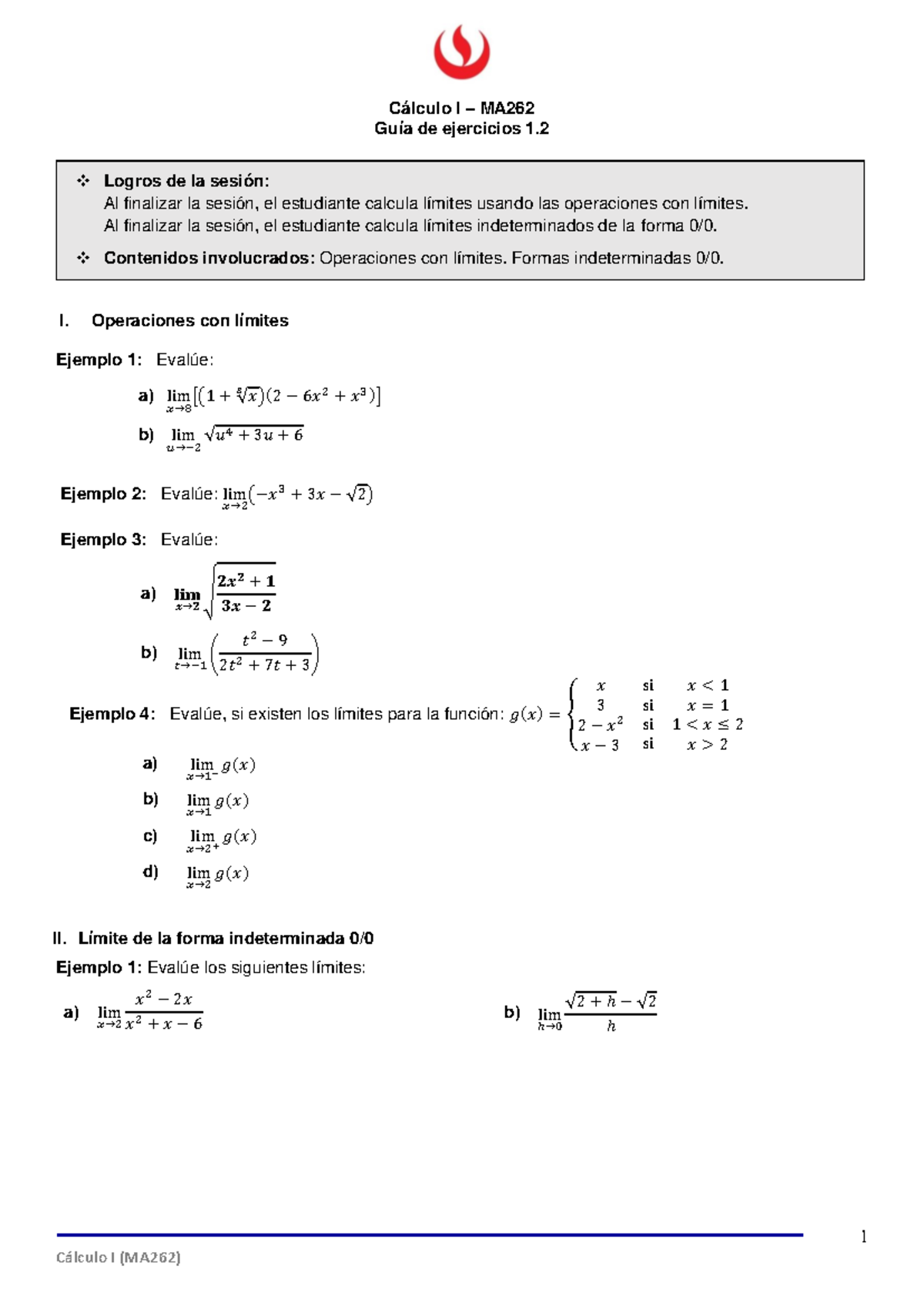 MA262 Cálculo I Guía de Ejercicios sobre Límites y Formas ...