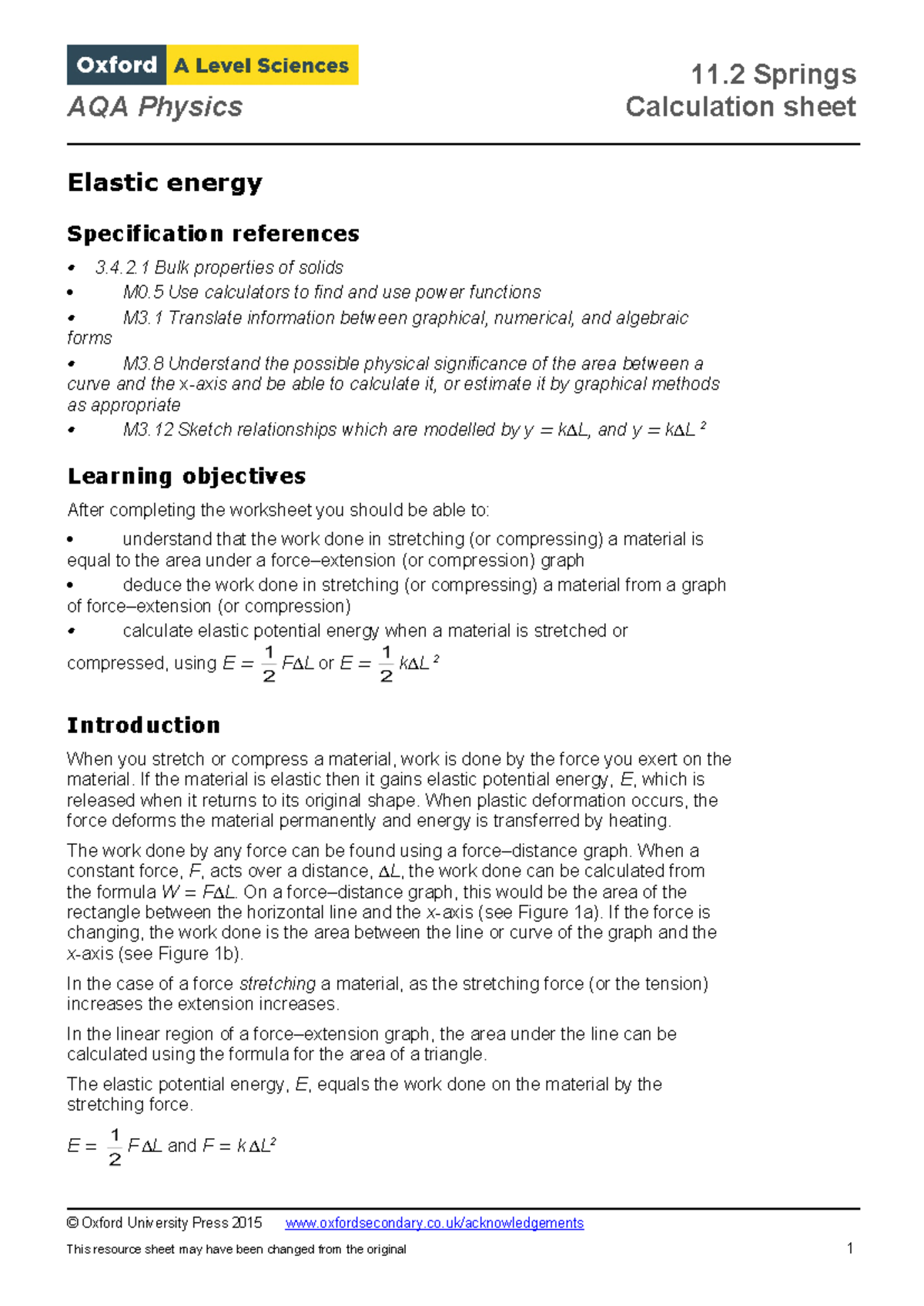 Calcualting elastic energy - AQA Physics Calculation sheet Elastic ...