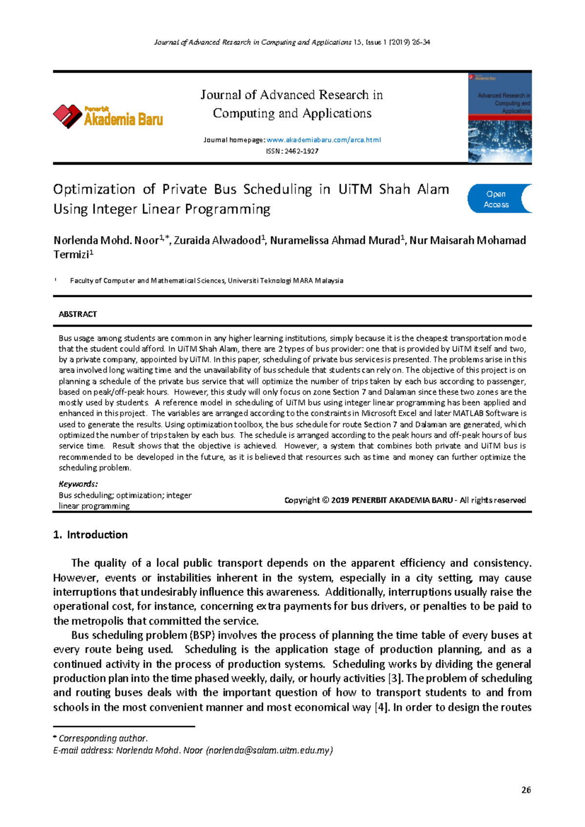 Optimization of Private Bus Scheduling at UiTM Shah Alam (ARCAV 15 N1) - Studocu