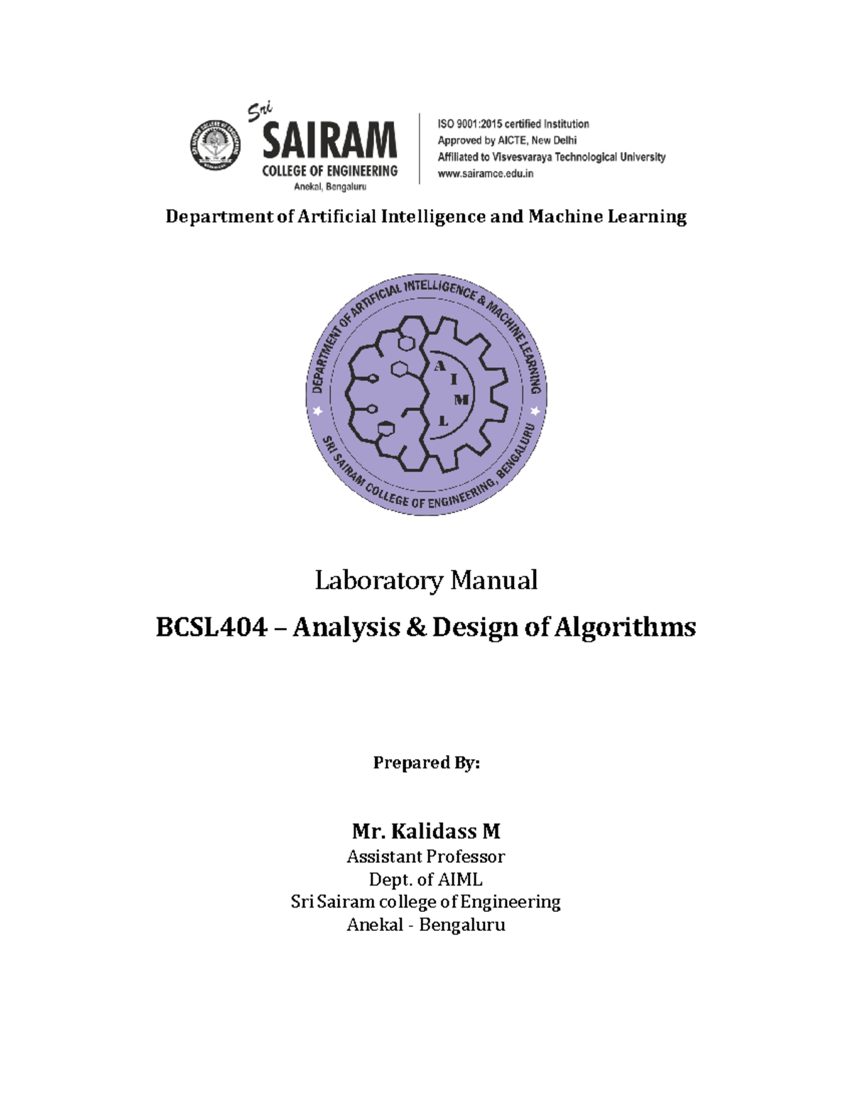 BCSL404 Lab Manual: Algorithms in C/C++ - Experiment Guidelines - Studocu