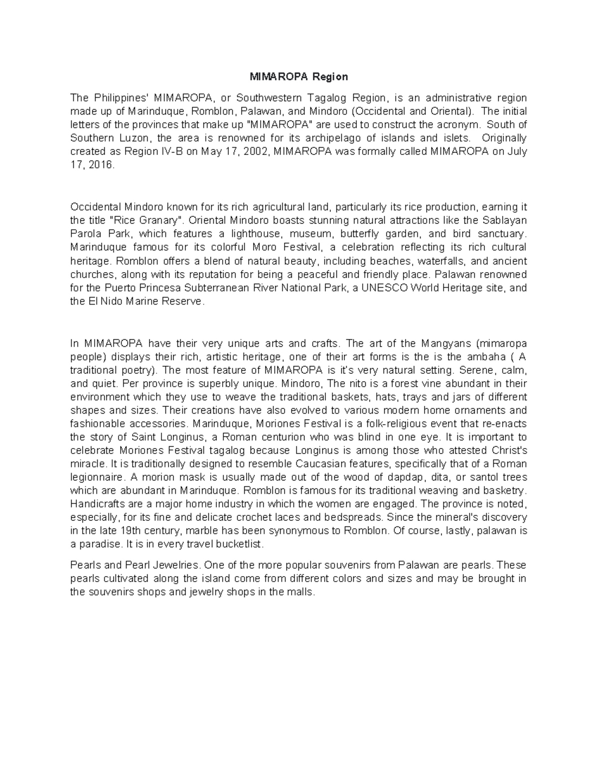 MIMAROPA Region: Cultural Insights and Unique Heritage Overview - Studocu