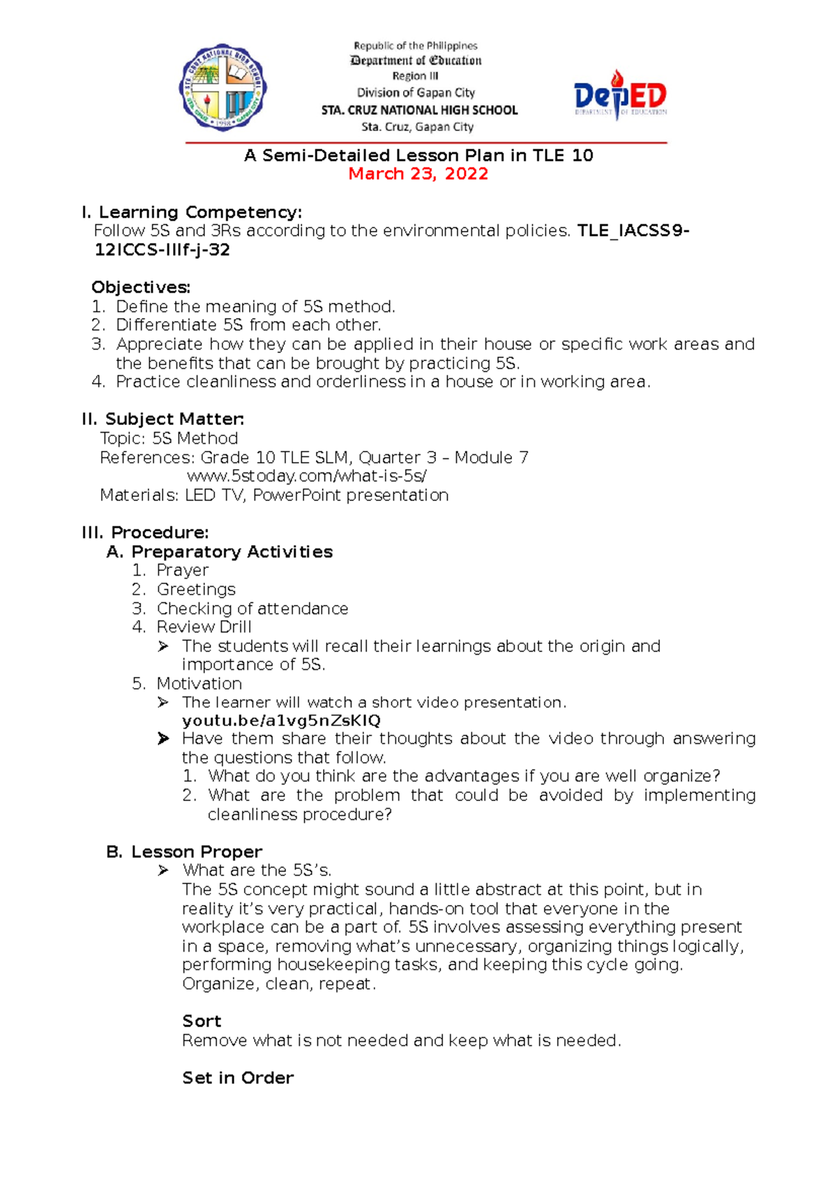 TLE 10 5S-2 - Lesson plan - A Semi-Detailed Lesson Plan in TLE 10 March 23, 2022 I. Learning ...