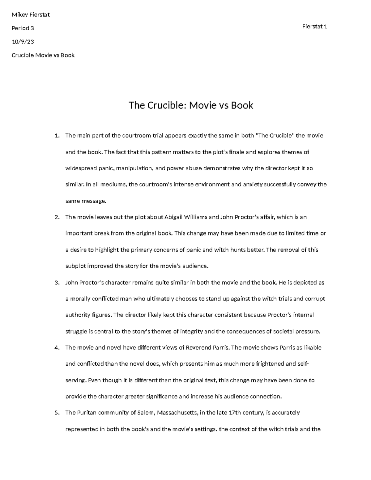 The Crucible (ENG 101) - Movie vs Book Analysis Report - Studocu