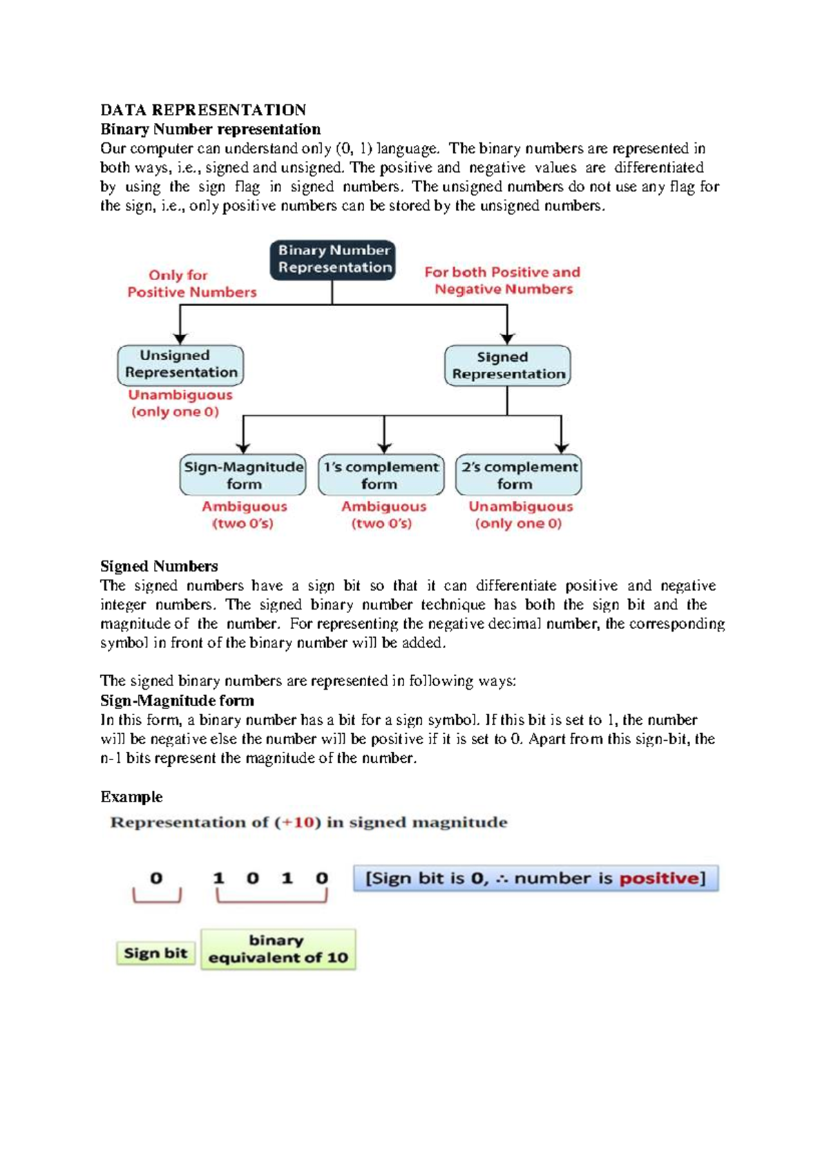 COA Module II Notes: Data Representation in Binary Systems - Studocu