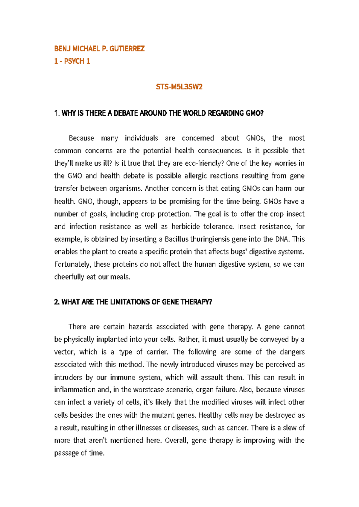 M5L3SW2 - Gutierrez - STS: GMO Debate & Gene Therapy Limitations - Studocu