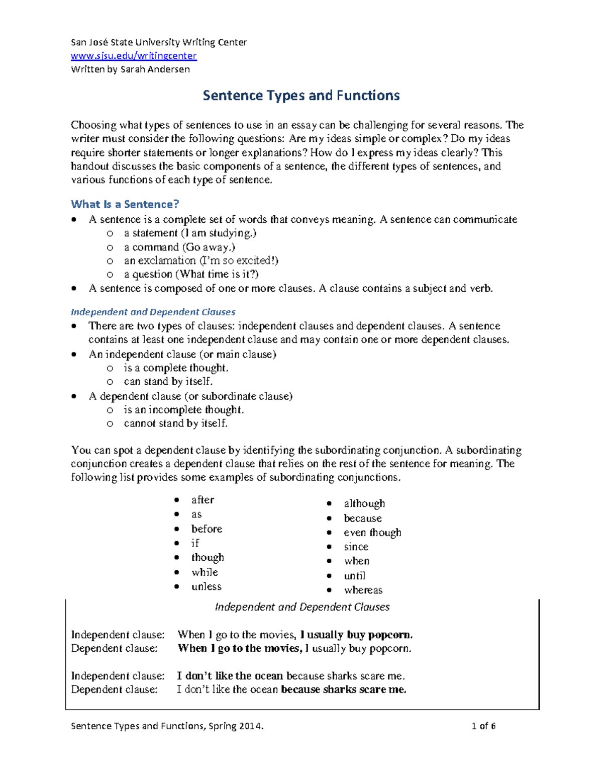 SJSU Writing Guide: Sentence Types, Functions, & Practice Activities - Studocu