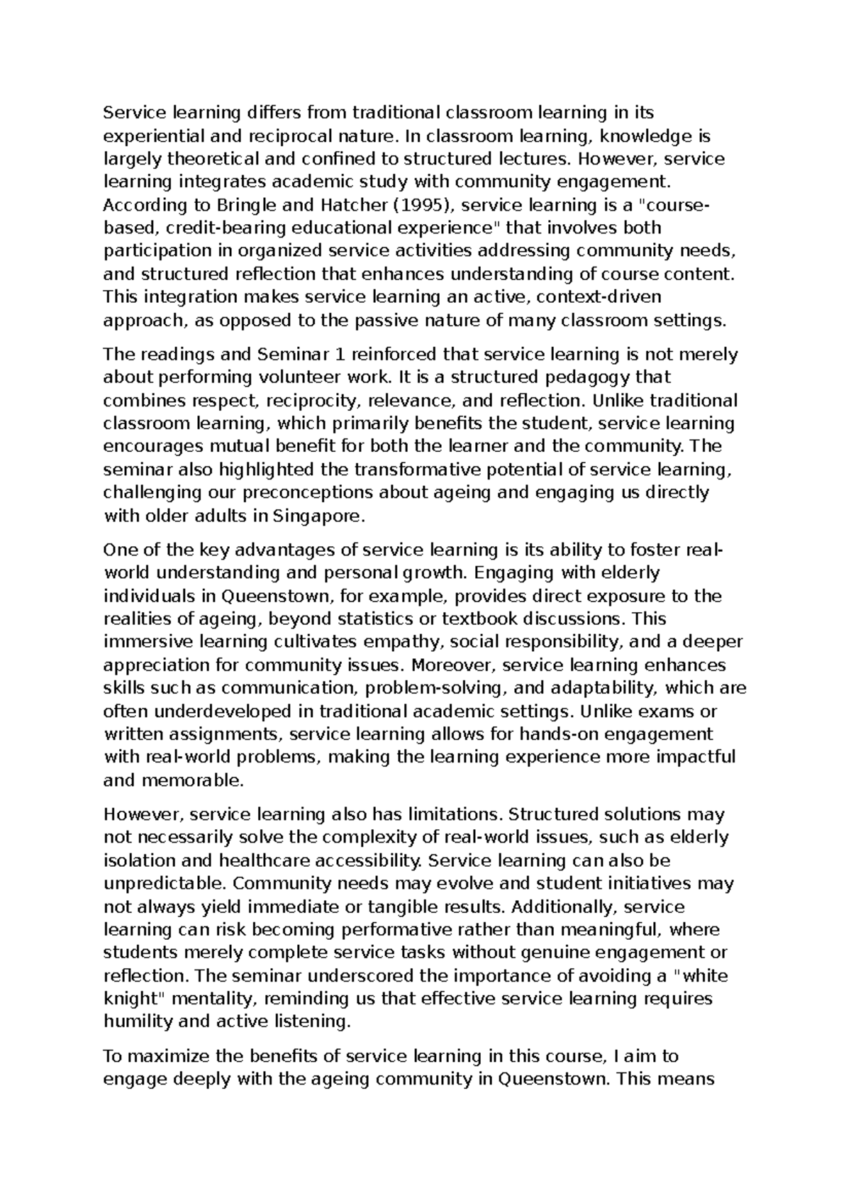 Reflection on Service Learning Concepts in Community Engagement - Studocu