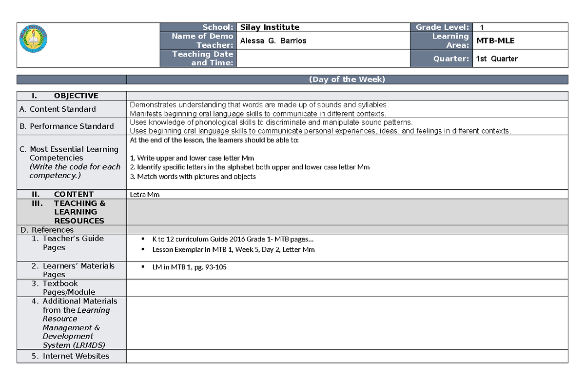 Lesson Plan Template: 4As Approach for Grade 1 (MTB) - Studocu