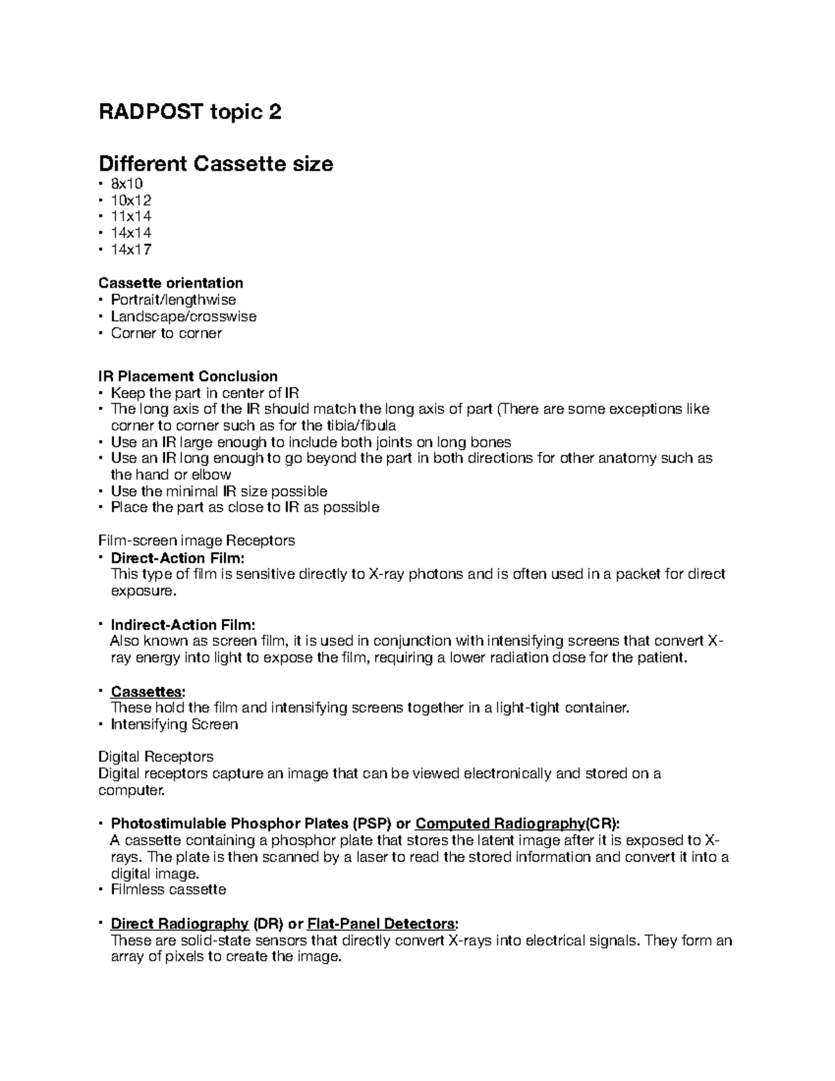 RADPOST Topic 2: Cassette Sizes & IR Placement Guidelines - Studocu