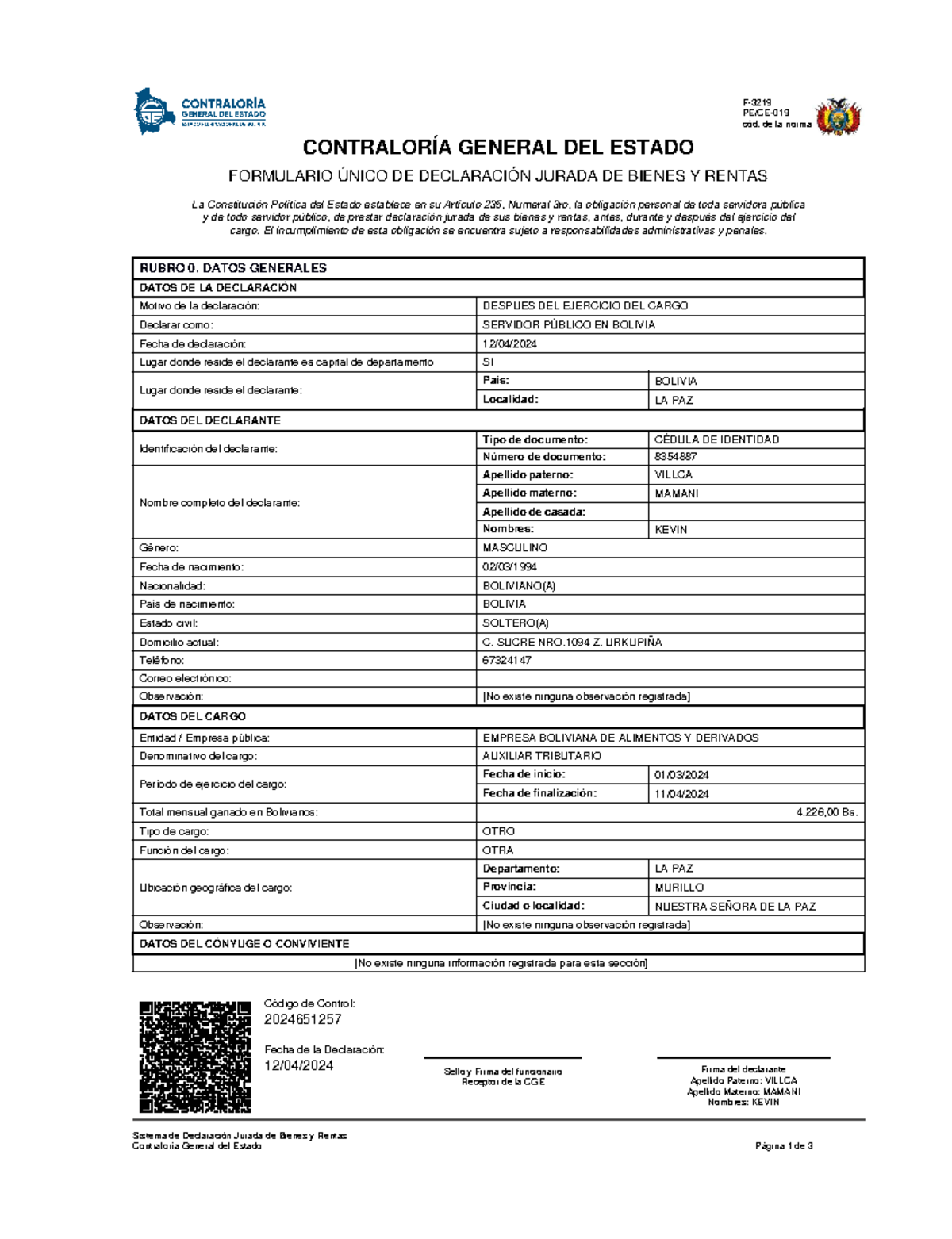 Formulario Único de Declaración Jurada de Bienes y Rentas - 8354887 ...