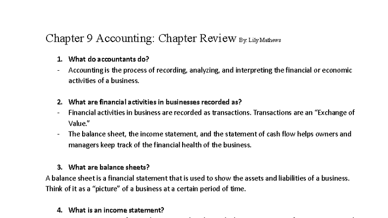Grade 10 Business Accounting: Chapter 9 Review by Lily Mathews - Studocu