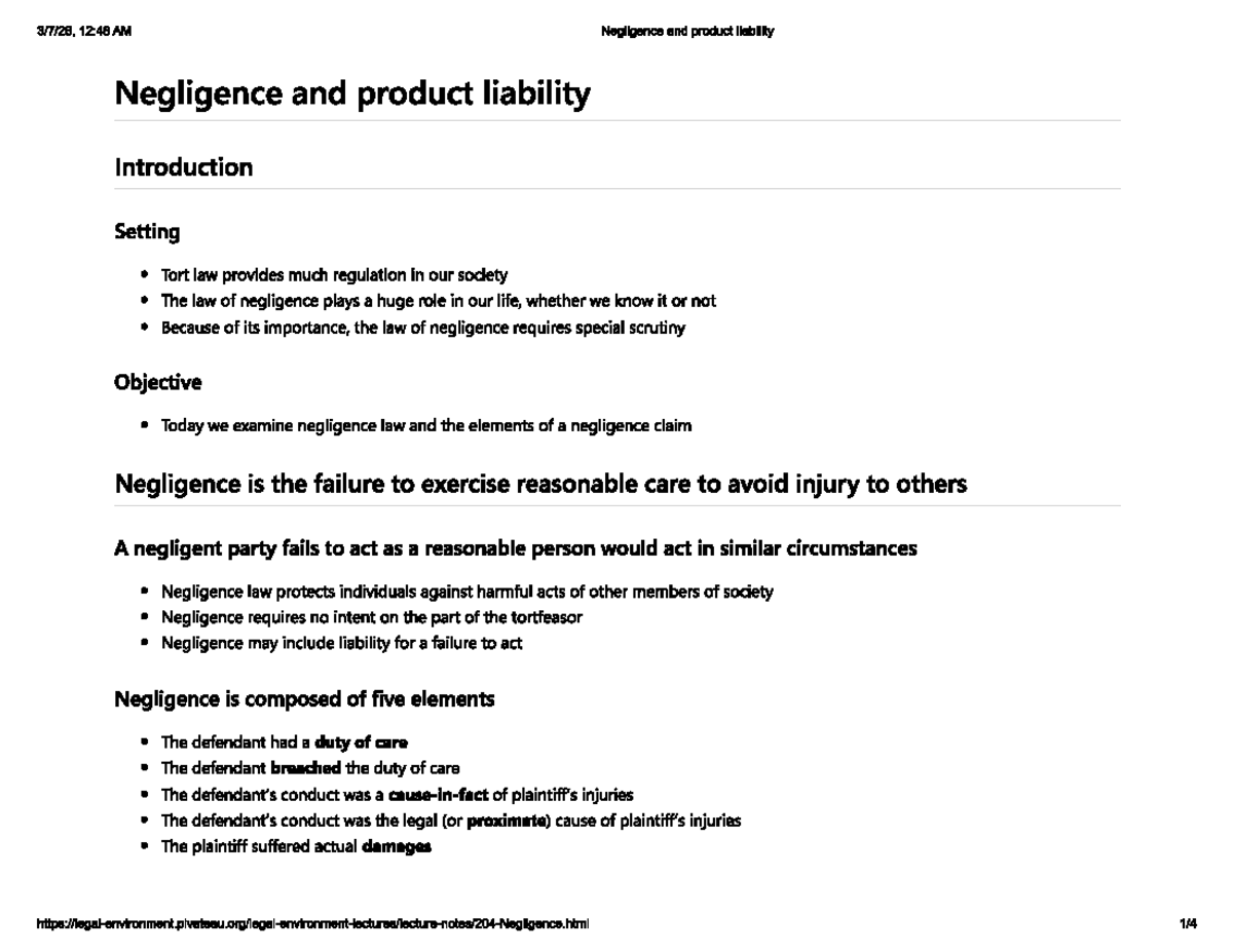 Negligence and Product Liability: Key Elements and Case Studies - Studocu
