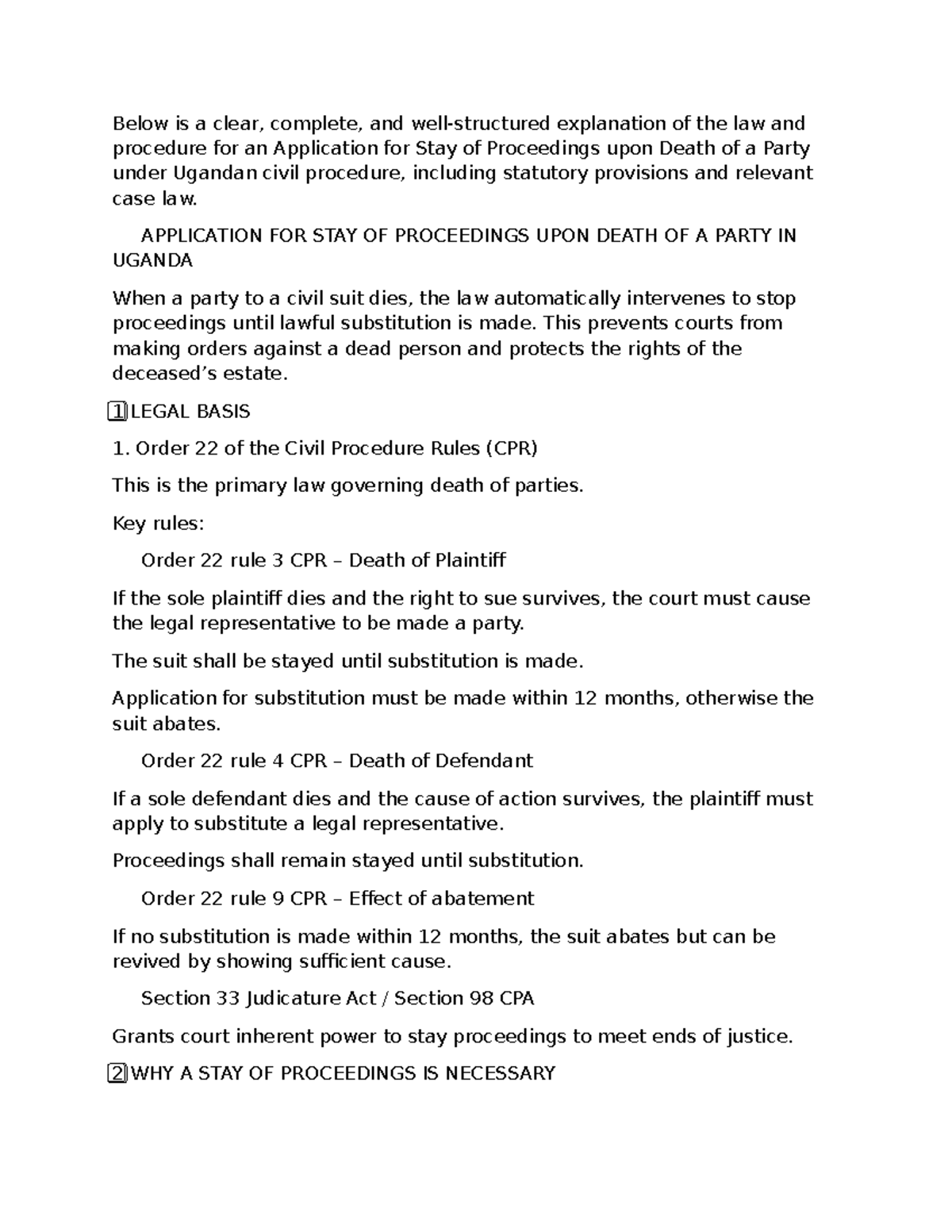 Application for Stay of Proceedings Upon Death of a Party in Uganda ...