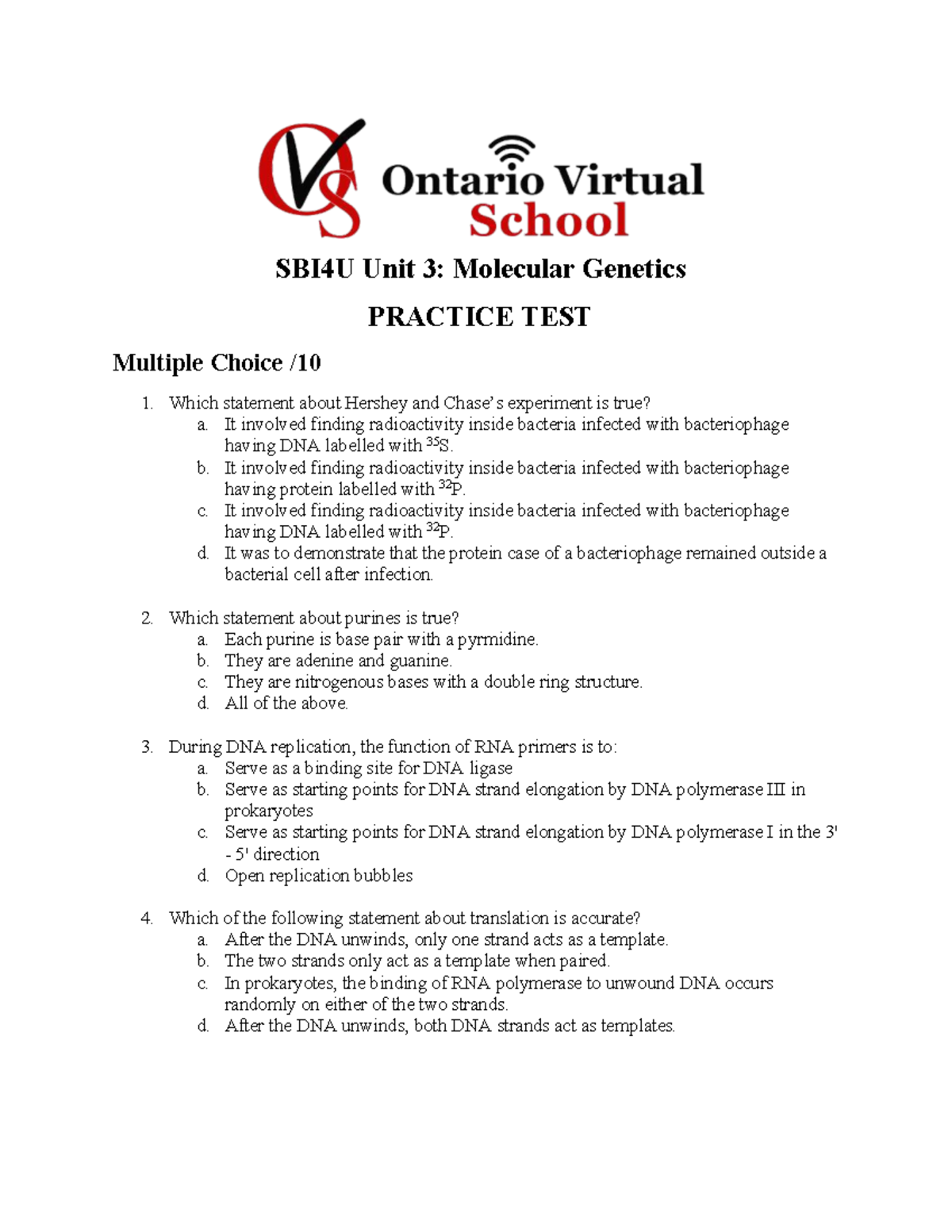 SBI4U Unit 3 Molecular Genetics Practice Test and Questions - Studocu