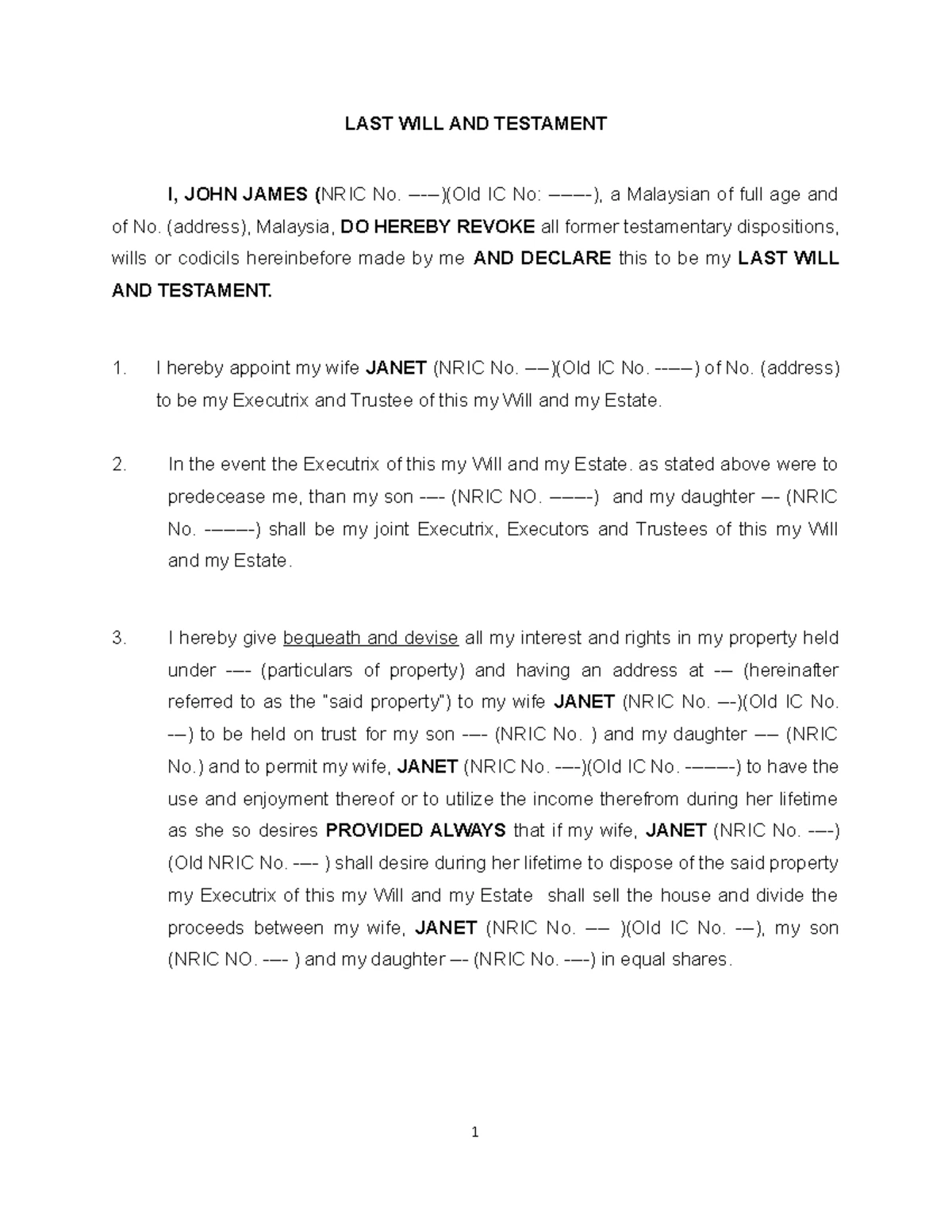 sample and format for writing a will drafting - LAST WILL AND TESTAMENT ...